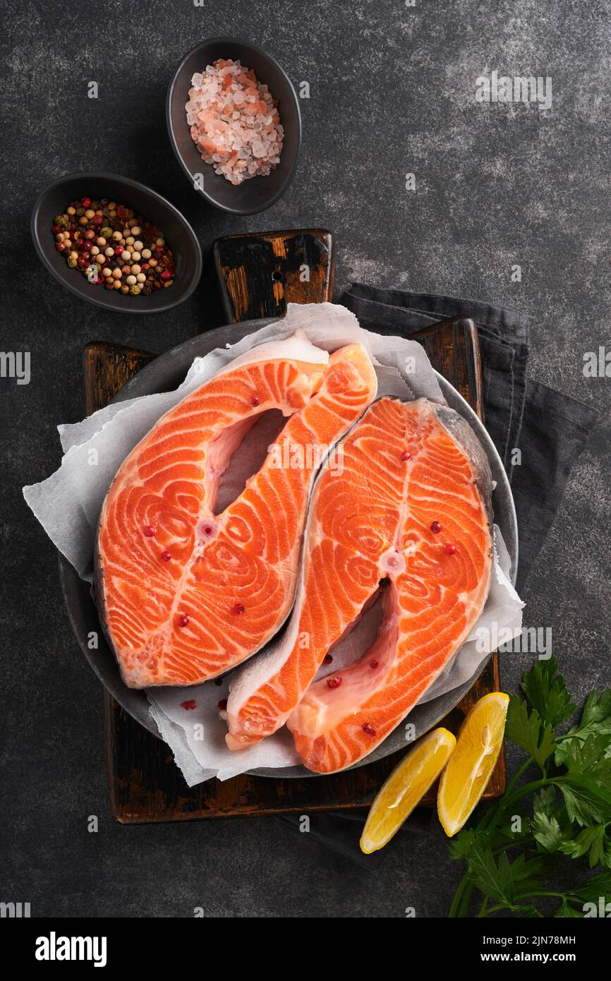 Salmon. Raw salmon steak. Fresh raw salmon fish with cooking ...