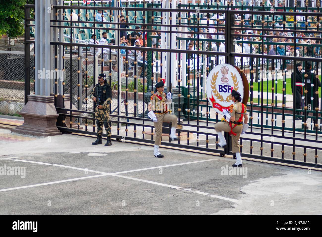 A shot of marching women Indian soldiers during the Wagah-Attari border ...