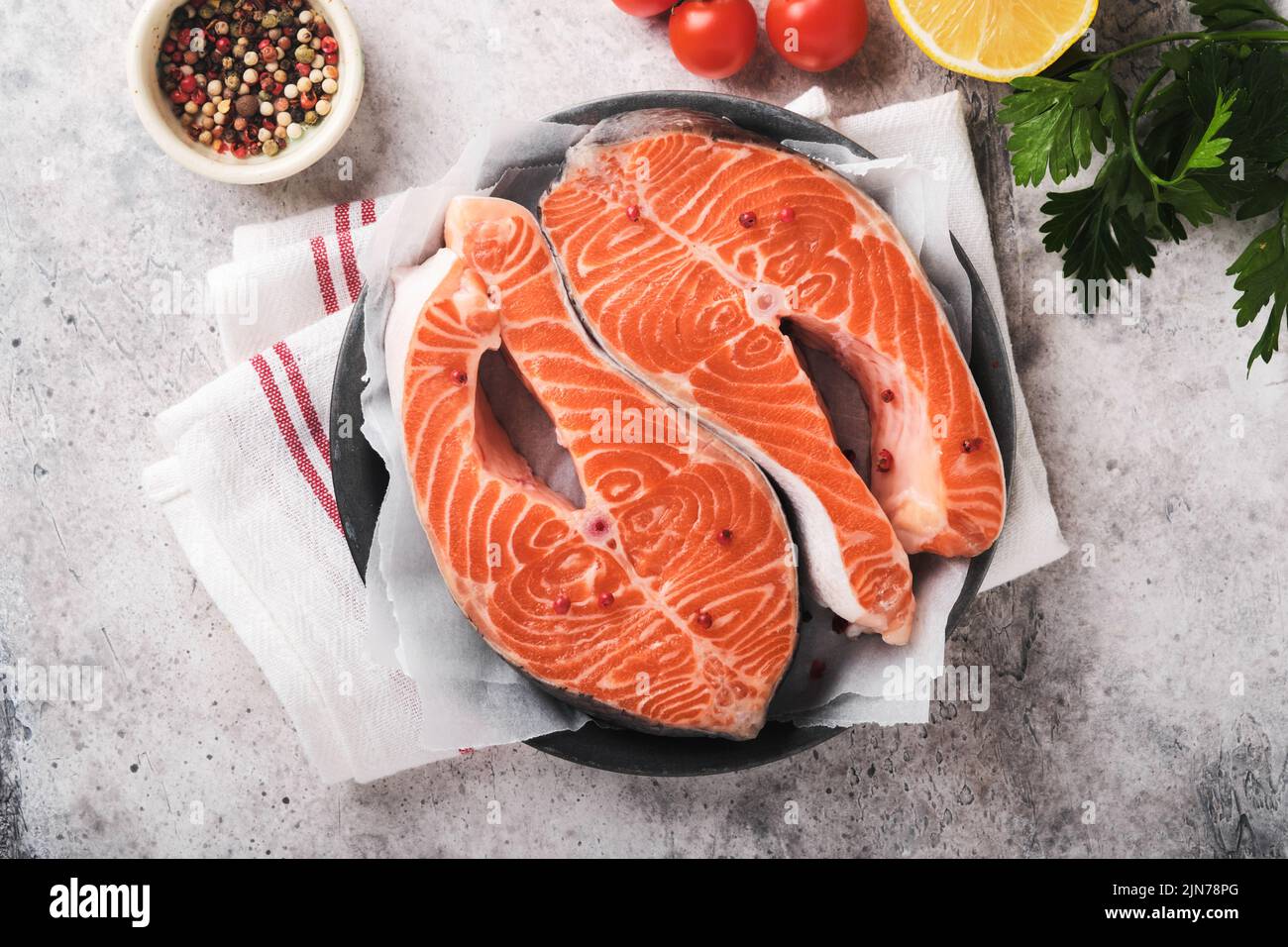 Salmon. Raw salmon steak. Fresh raw salmon fish with cooking ...