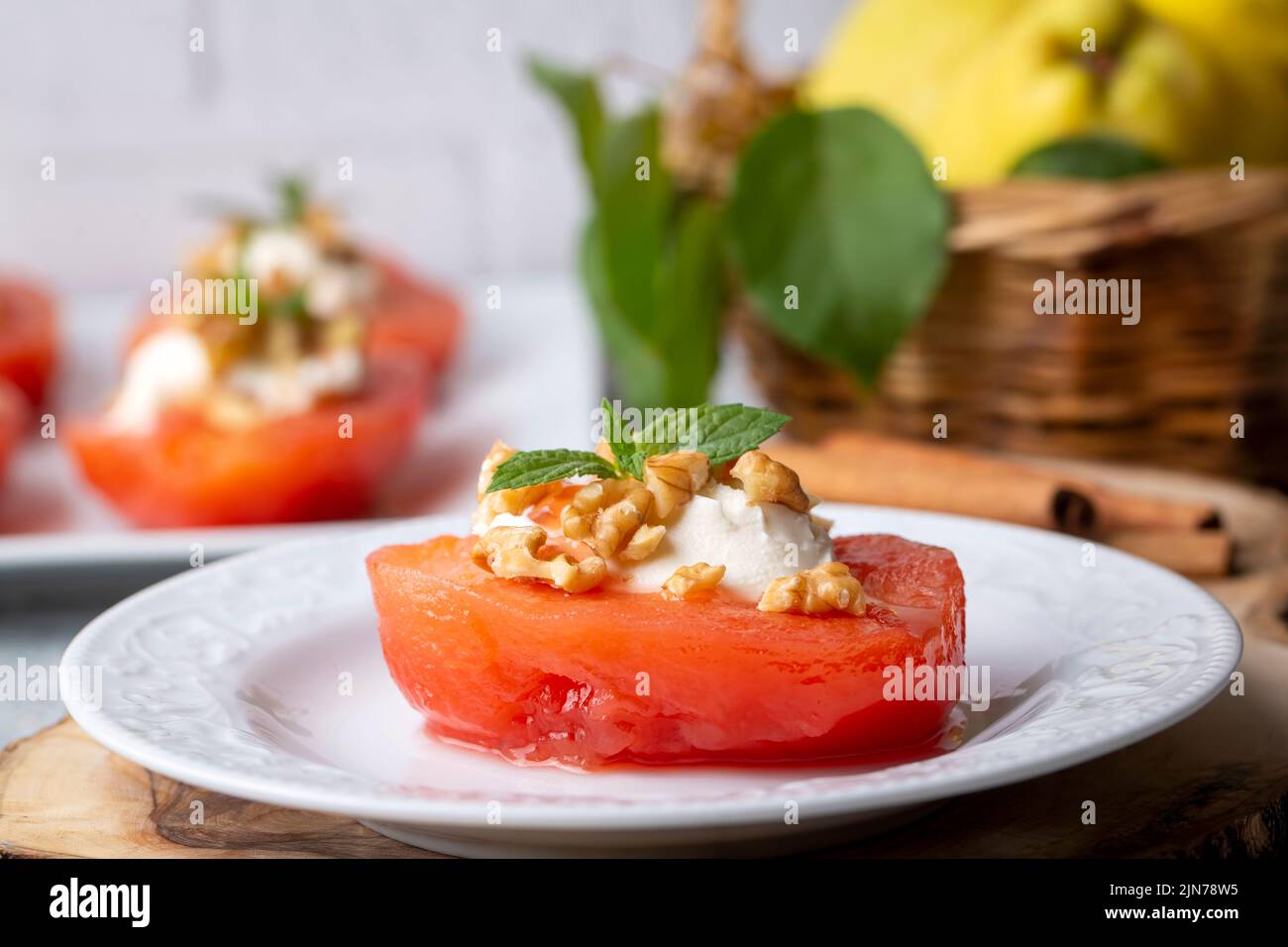 Traditional Turkish style quince dessert. The quince is cooked until ...