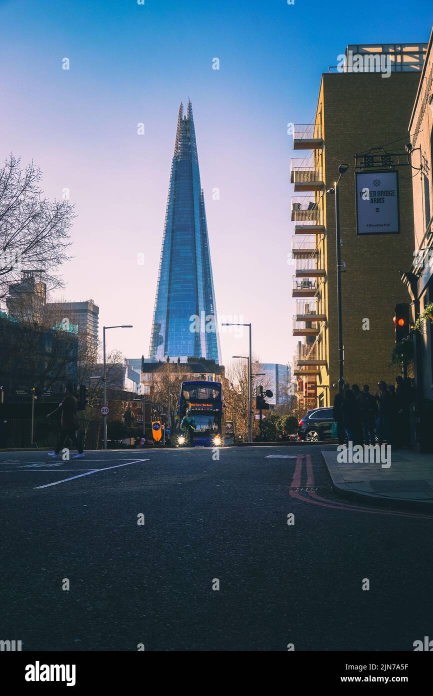 A vertical shot of the Shard side view at sunset, London, United ...
