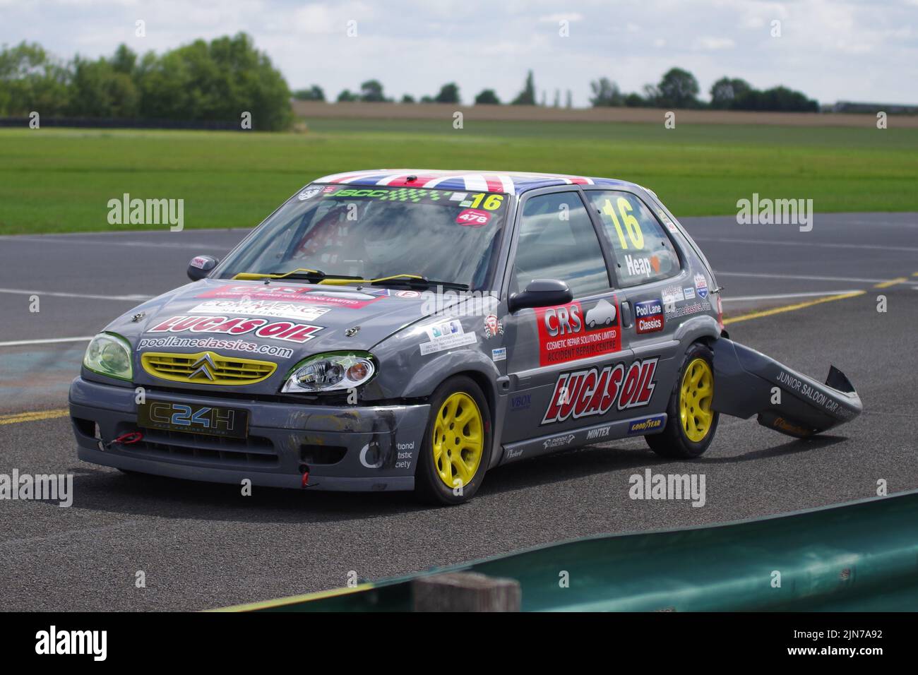 Croft, England, 6 August 2022. Jacob Heap driving a damaged Citroen ...