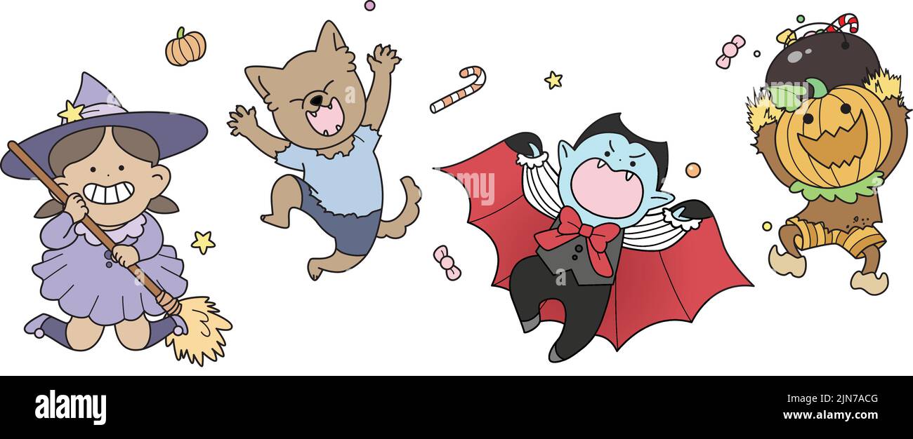 Set of cute halloween kids vector. Children dressed as witch, werewolf ...
