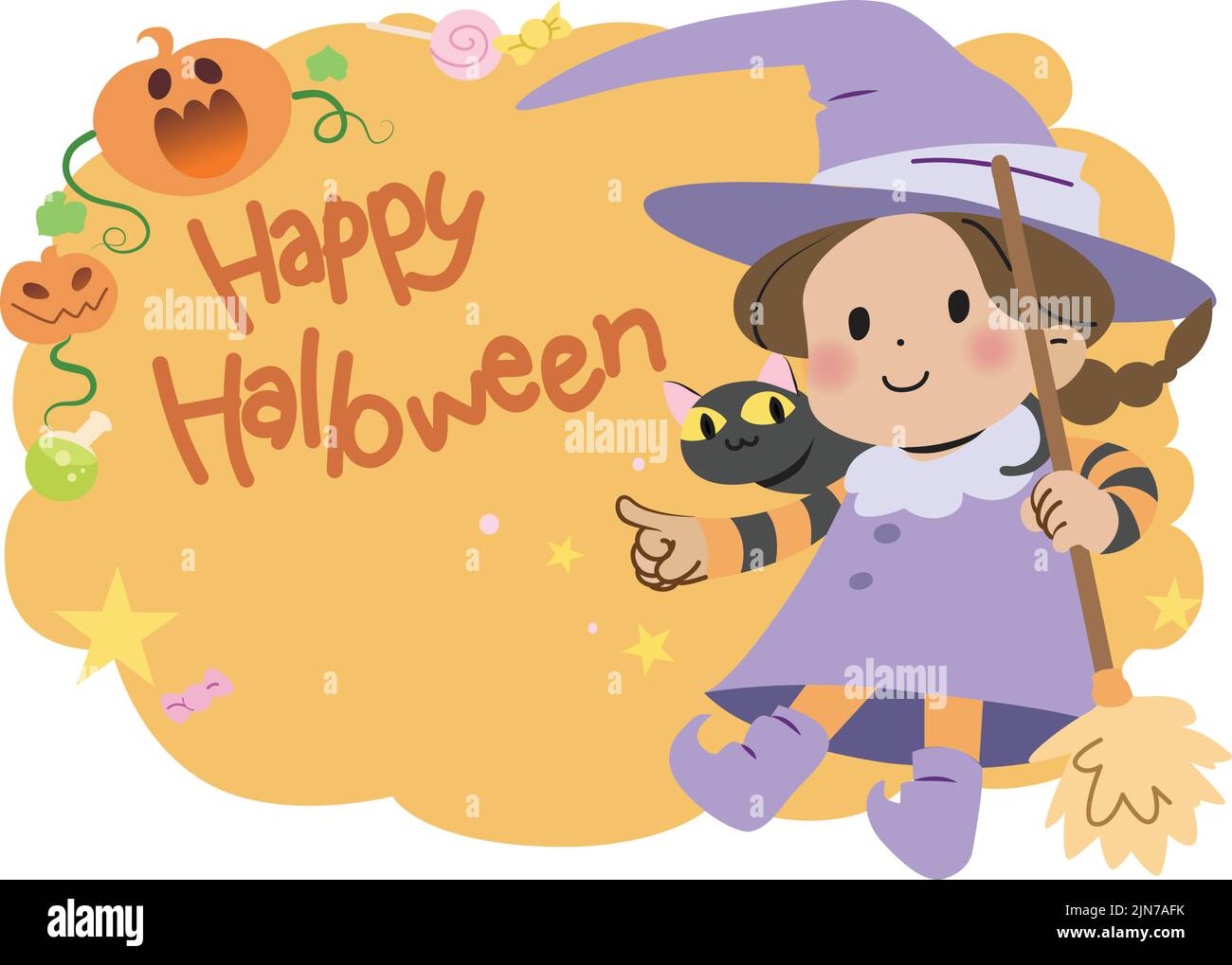 Little witch with black cat Halloween card vector Stock Vector Image ...