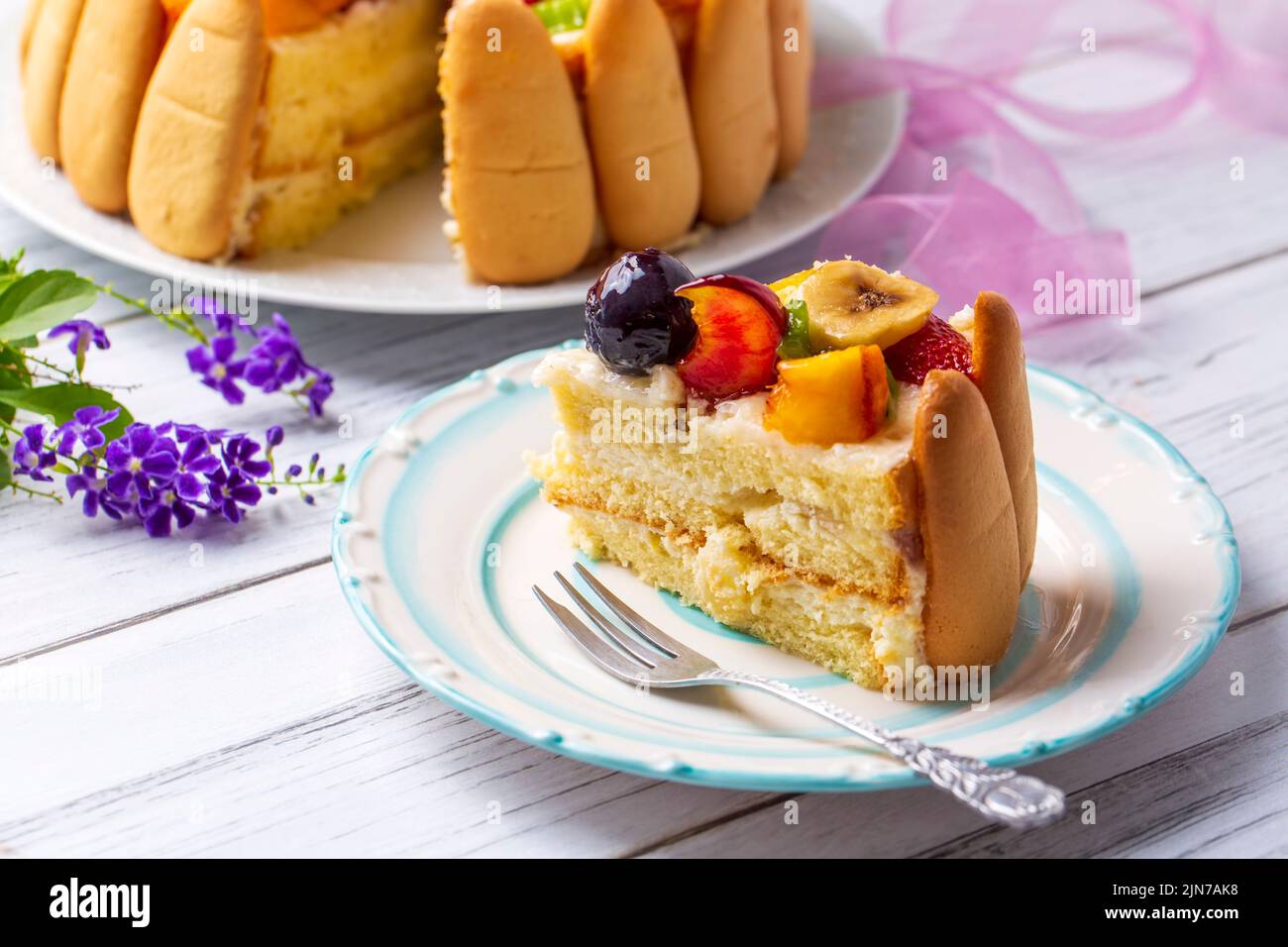 Delicious fruit cake (Turkish name; meyveli yas pasta, karisik meyveli ...