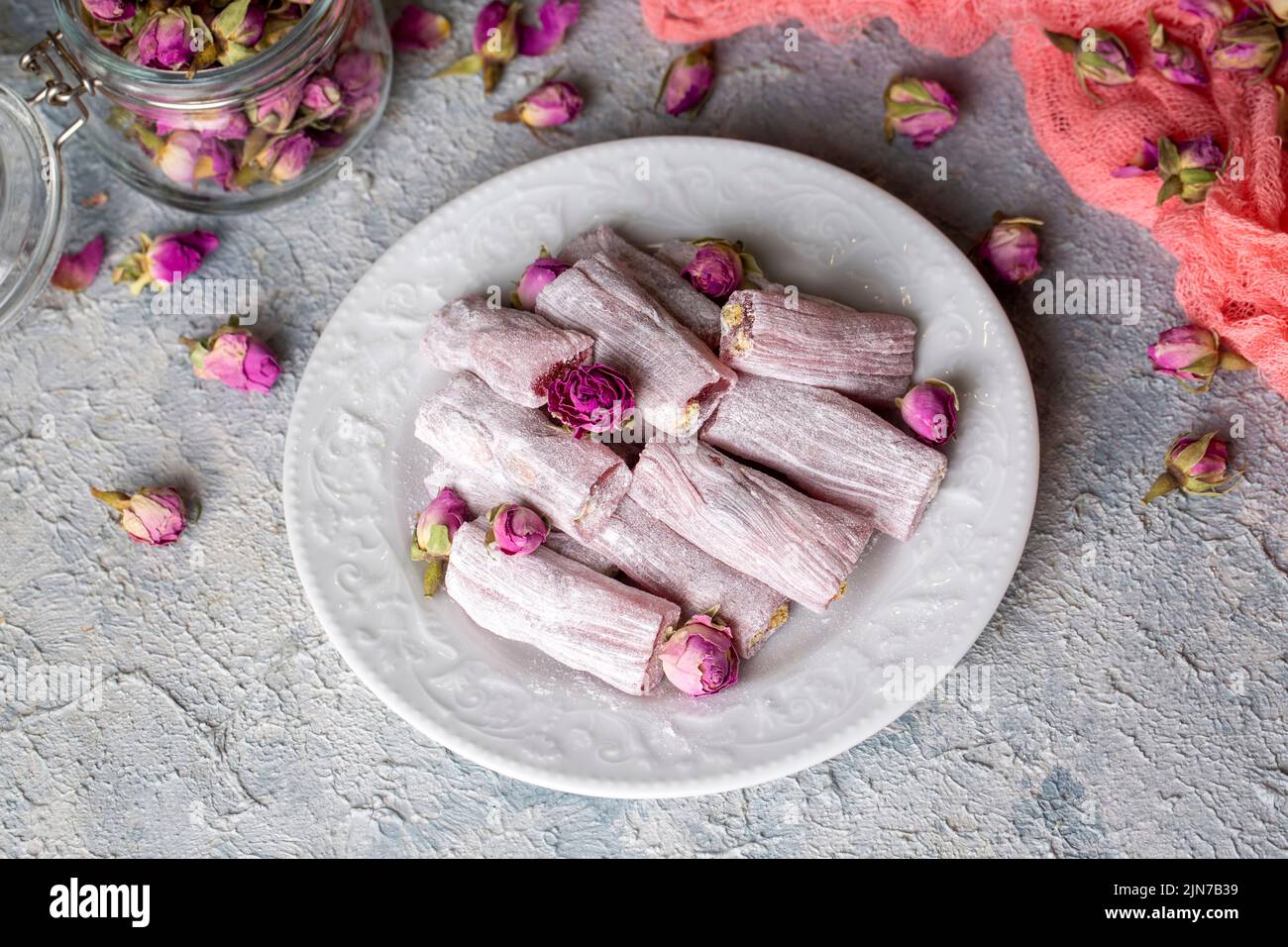 Turkish rose delight and small rose buds (Turkish name; gul sarma - gul ...