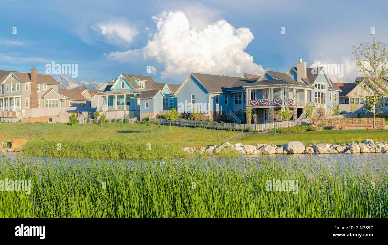 Panorama White puffy clouds Panoramic view of blue waters of Oquirrh ...
