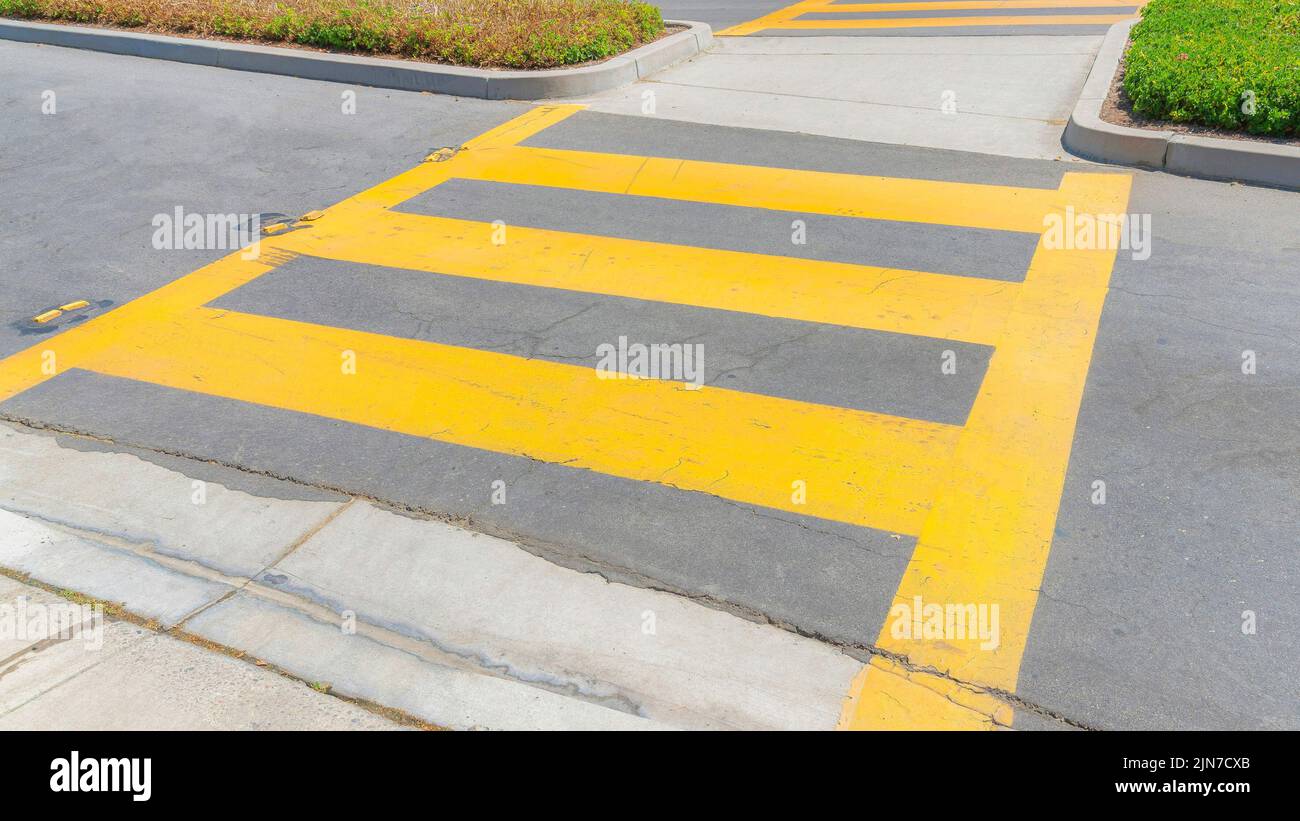 Panorama Yellow pedestrian lanes at the crosswalk in Ladera Ranch ...
