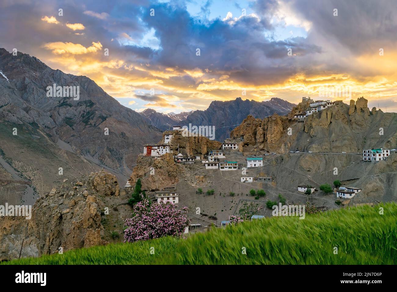 An aerial view of the Dhankar in Spiti Valley, India on a sunset Stock ...