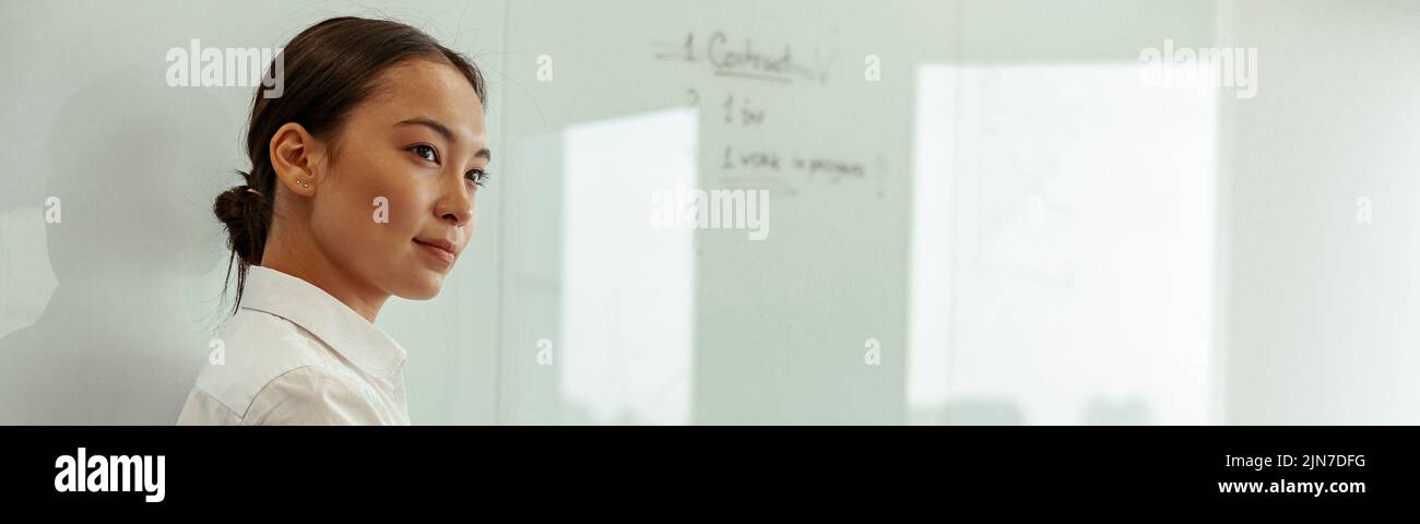 Portrait of asian business woman on background of project planning ...