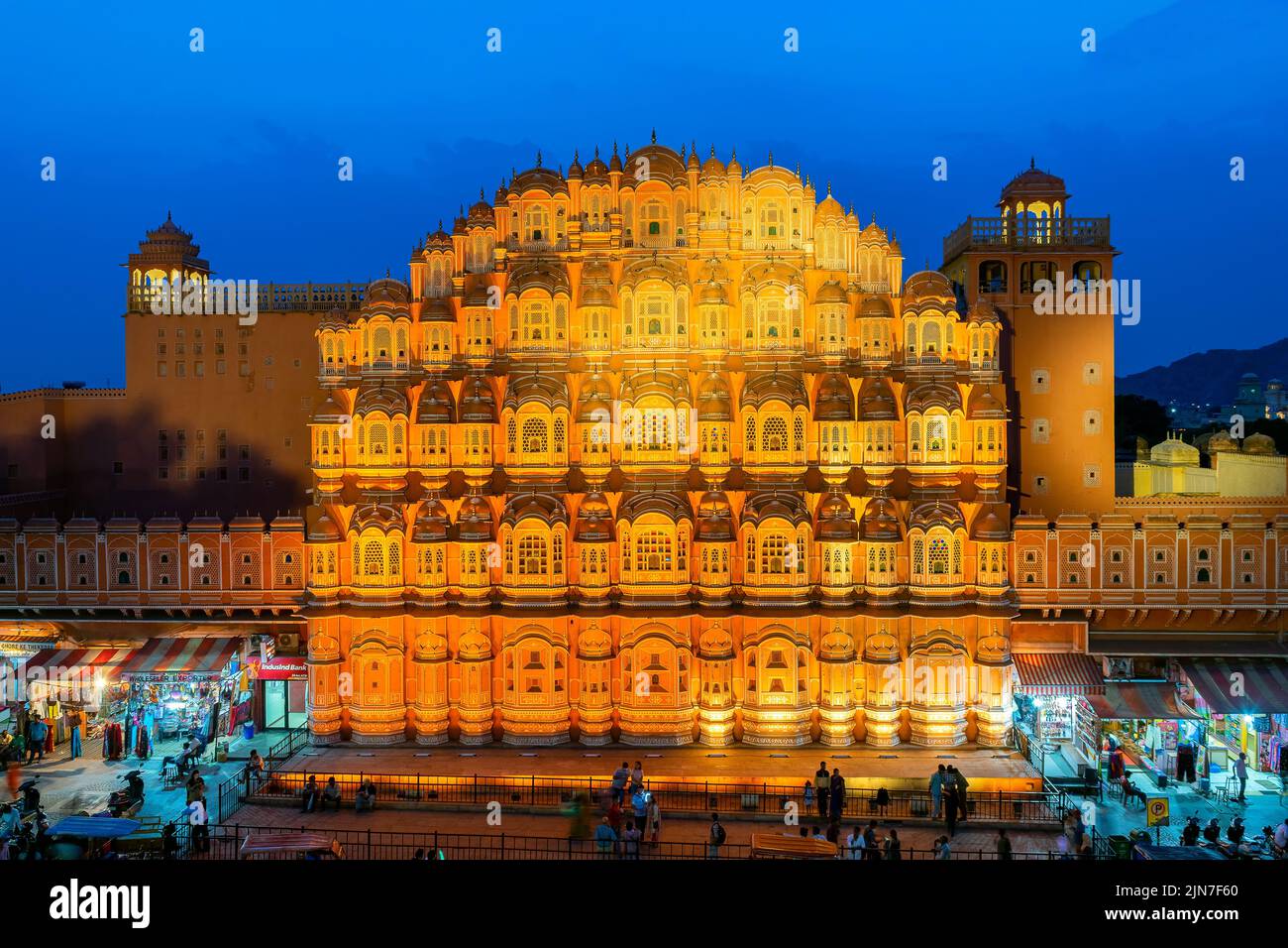 The Hawa Mahal palace illuminated by lights at night, Jaipur, Rajasthan ...