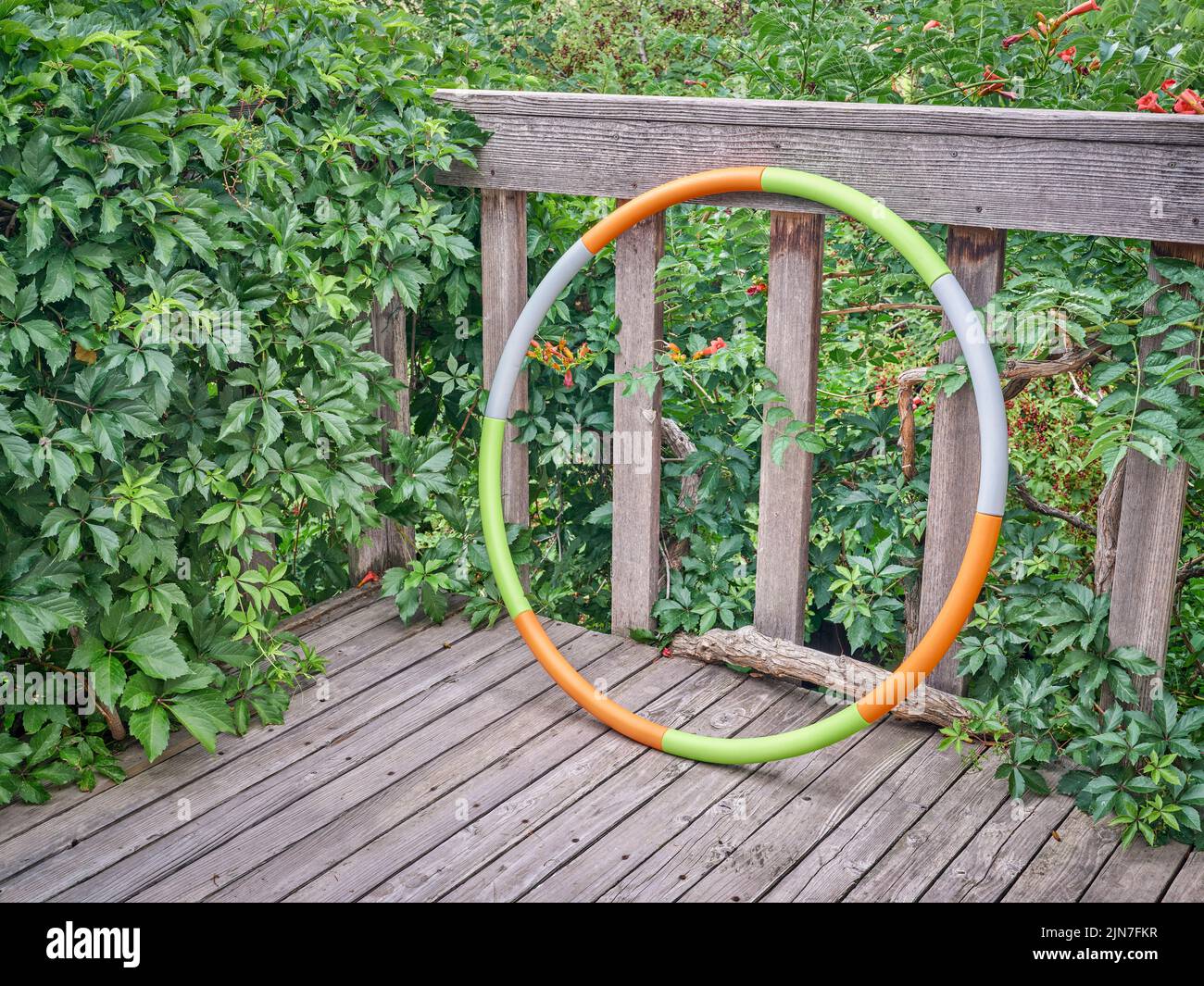 weighted hula hoop on a wooden backyard deck in summer scenery, core ...