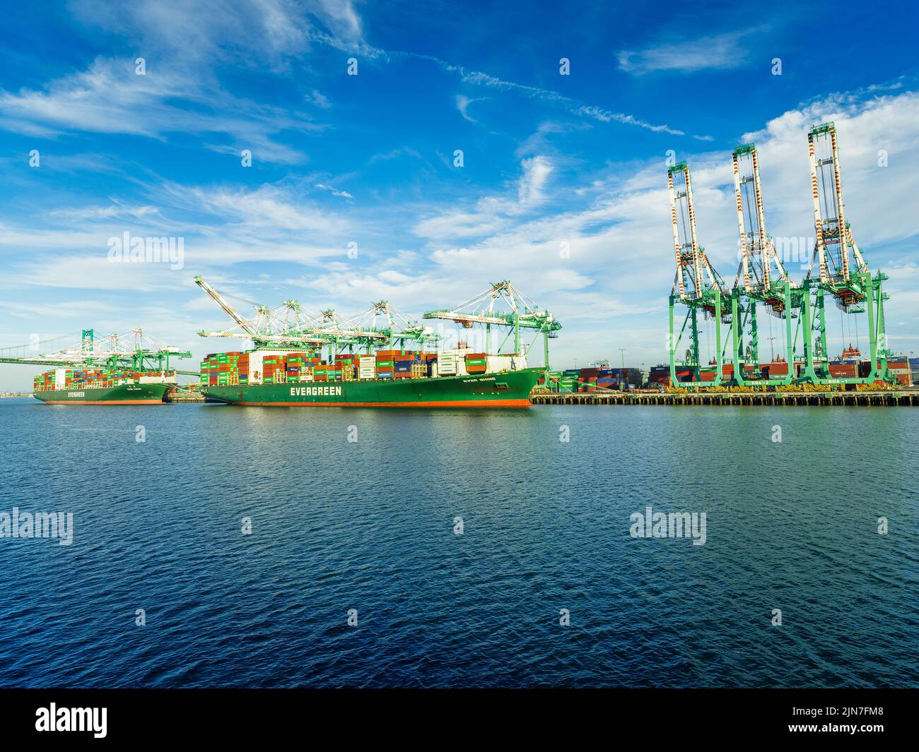 Los Angeles, CA, USA - November 17, 2017: Two Evergreen container ships ...