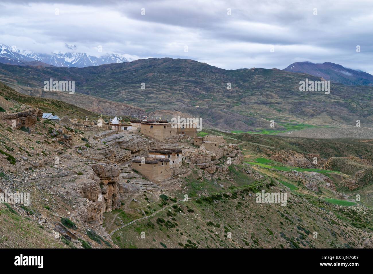 Small houses in Tashigang village in Siti valley, India surrounded by ...