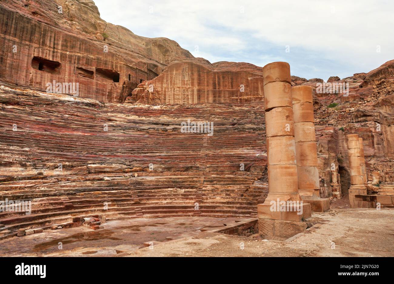 Ruins of Nabataean amphitheatre or open theater in Petra, Jordan Stock ...