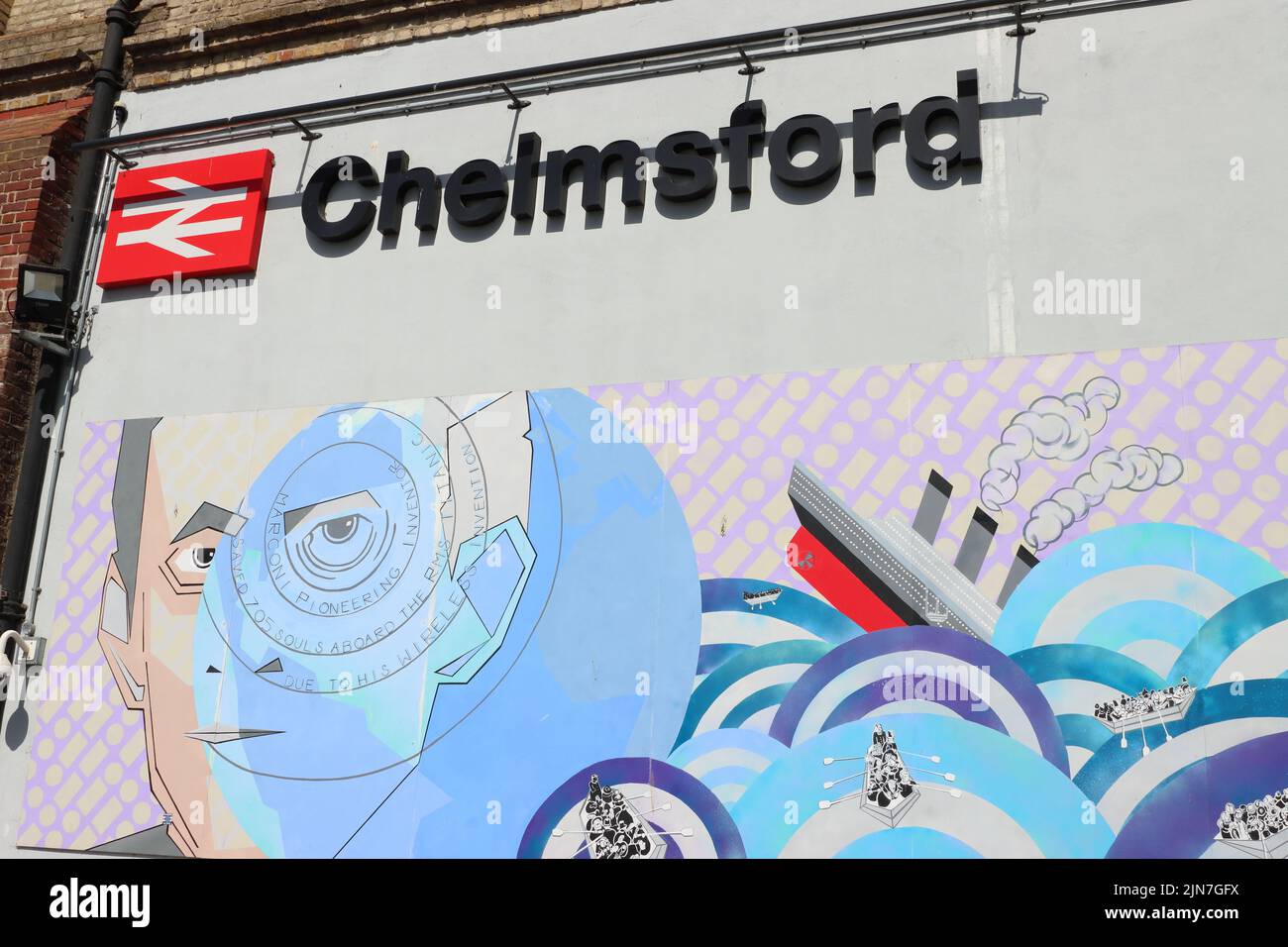 Marconi artwork below railway station sign, Chelmsford, Essex, UK Stock ...