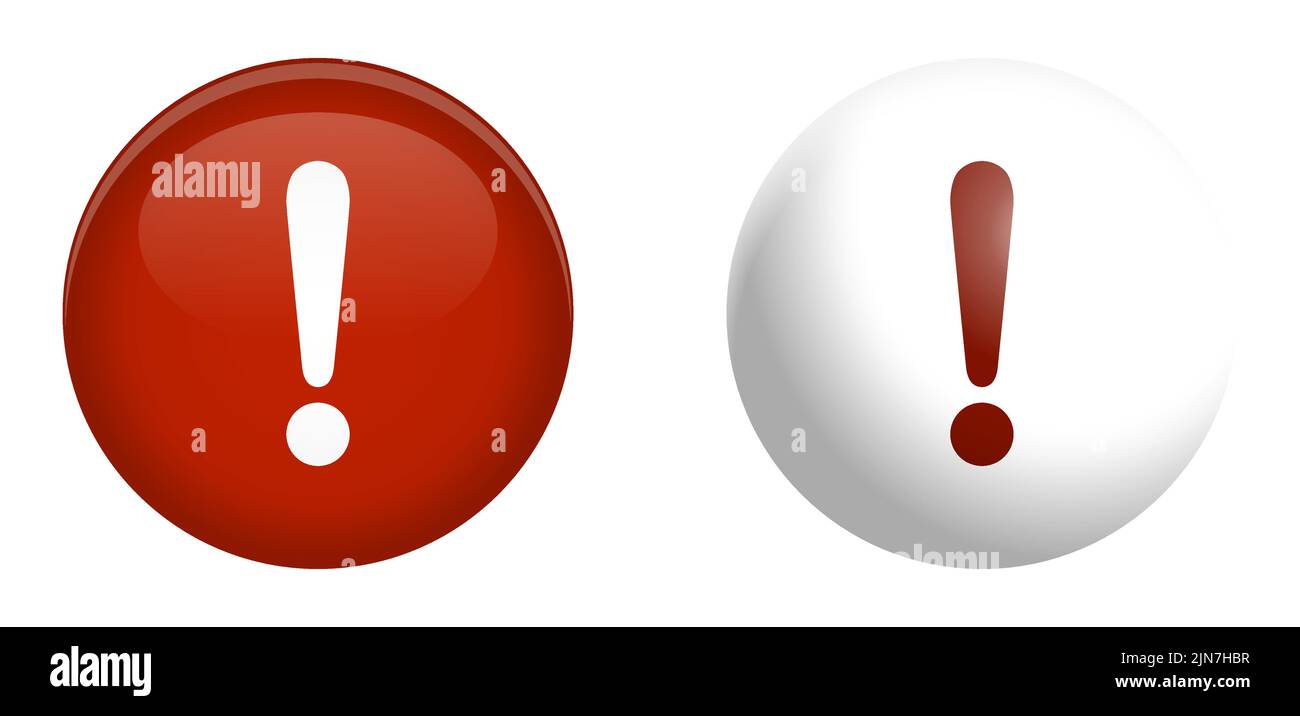 Exclamation mark symbol in dome sphere or 3d circle, red and white ...