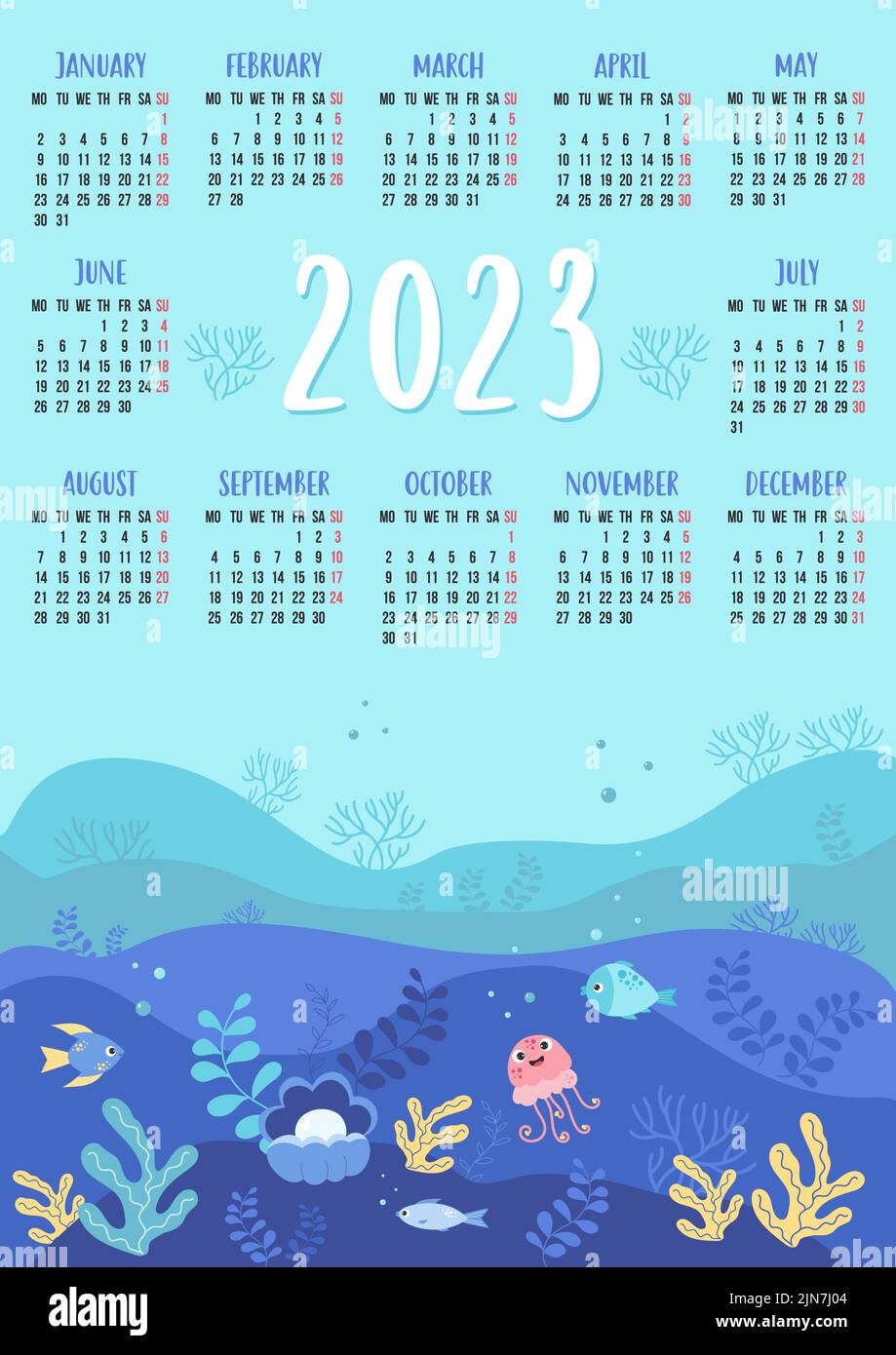 Calendar for 2023 with underwater landscape, seabed, jellyfish, fish ...