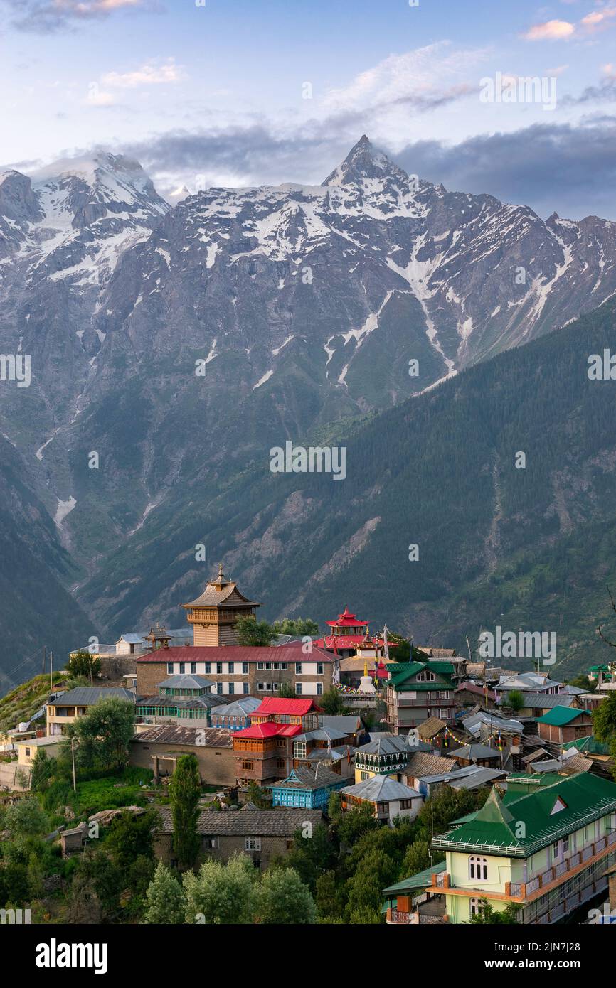 A vertical shot of the Kalpa village with colorful buildings and ...