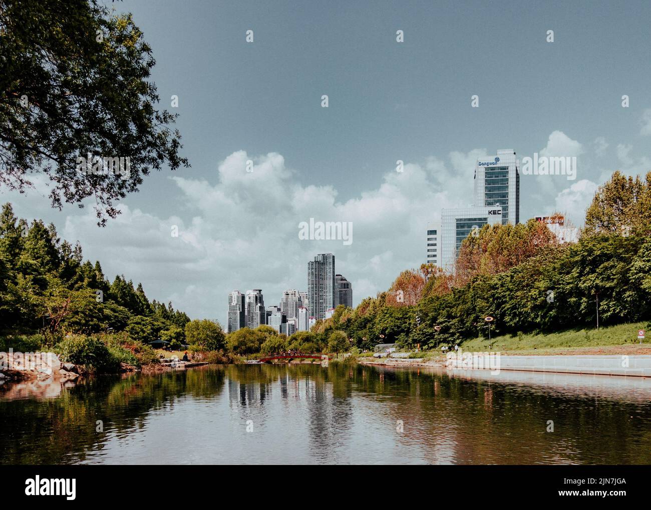 A river flowing down a park with high rise buildings of a city on a ...