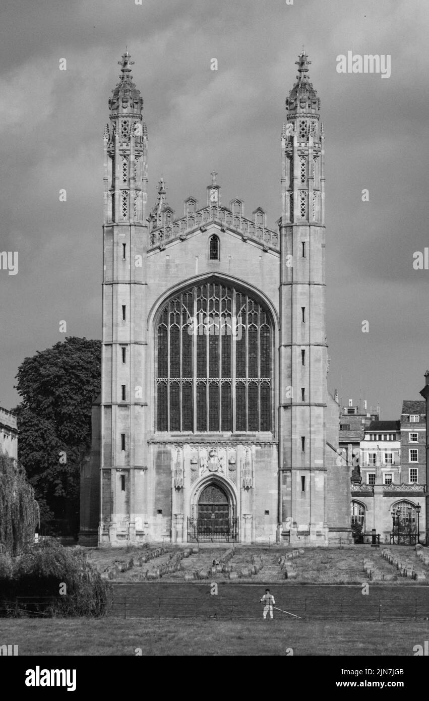 A vertical grayscale shot of the Cambridge Castle Cathedral on a gloomy ...