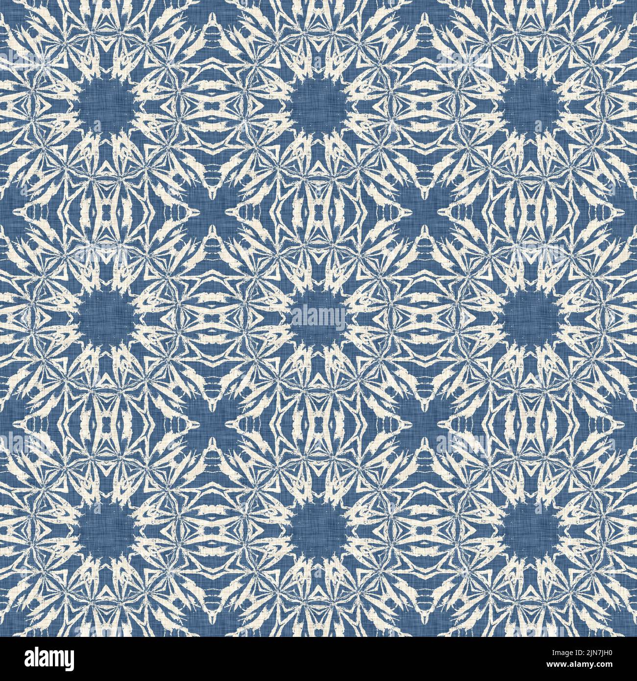 Farmhouse blue snow flake pattern background. Frosty batik damask ...