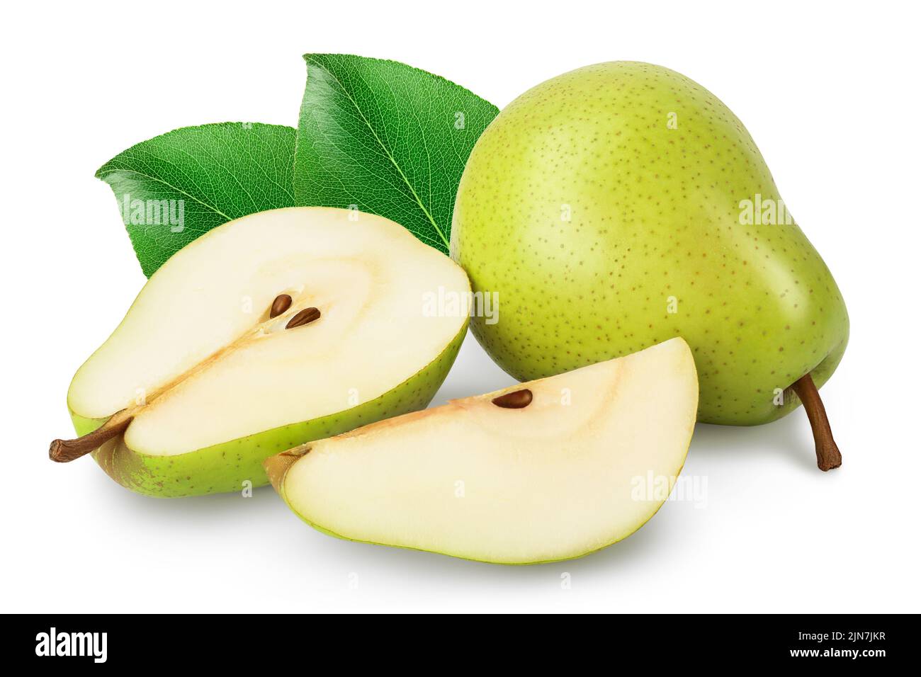 Green pear fruit with slices isolated on white background with full ...
