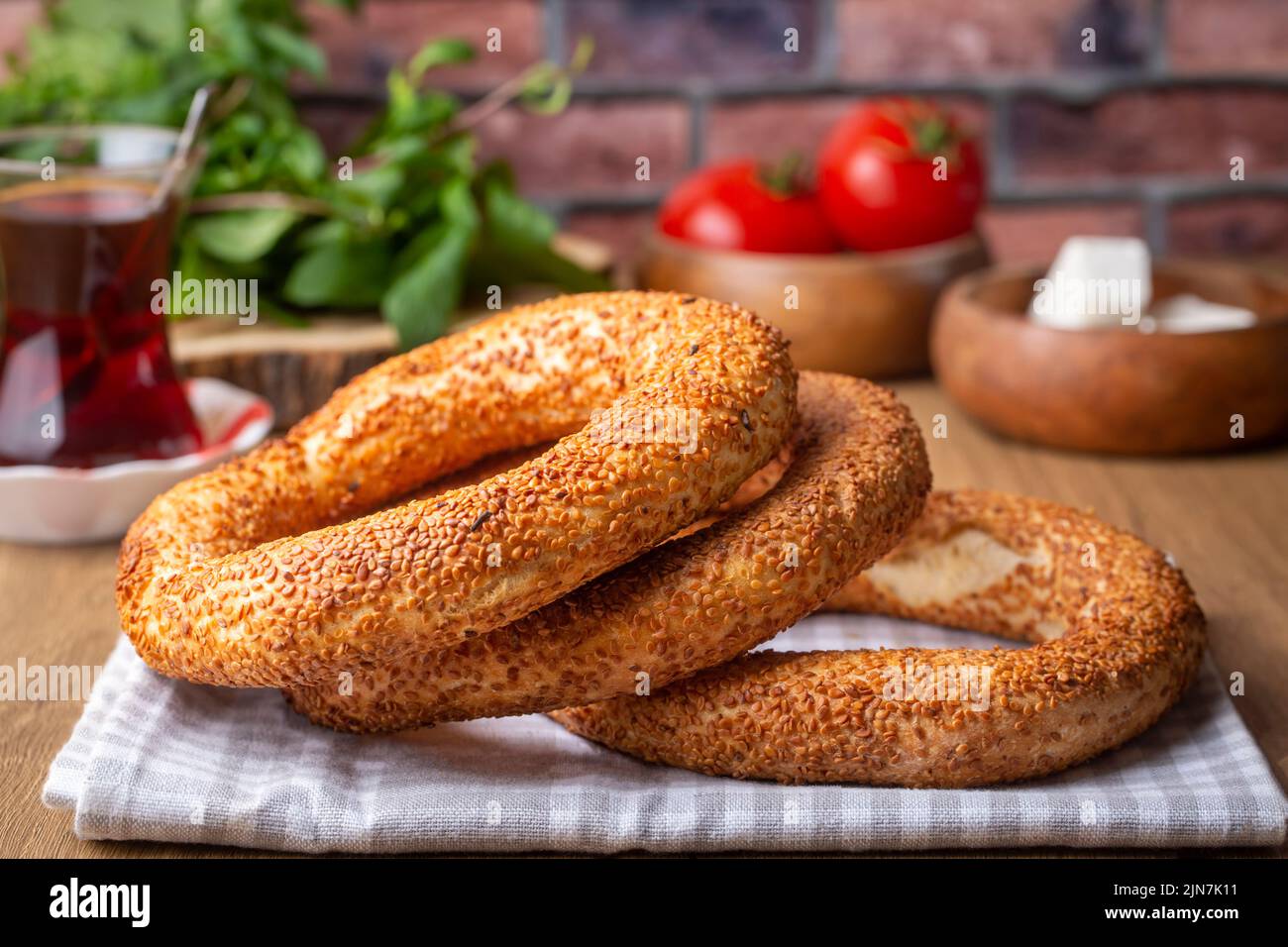 Turkish fast food bagel called Simit. Turkish bagel Simit with sesame ...