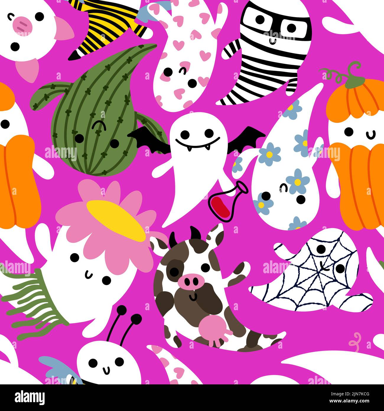 Cartoon Halloween seamless cute ghost pattern for festive wrapping ...