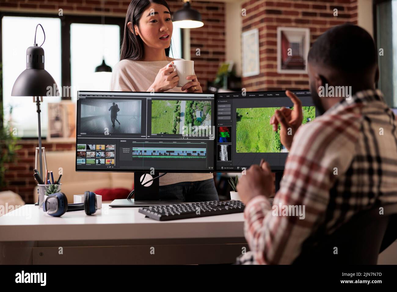 Creative couple making movie on editing software, creating professional ...