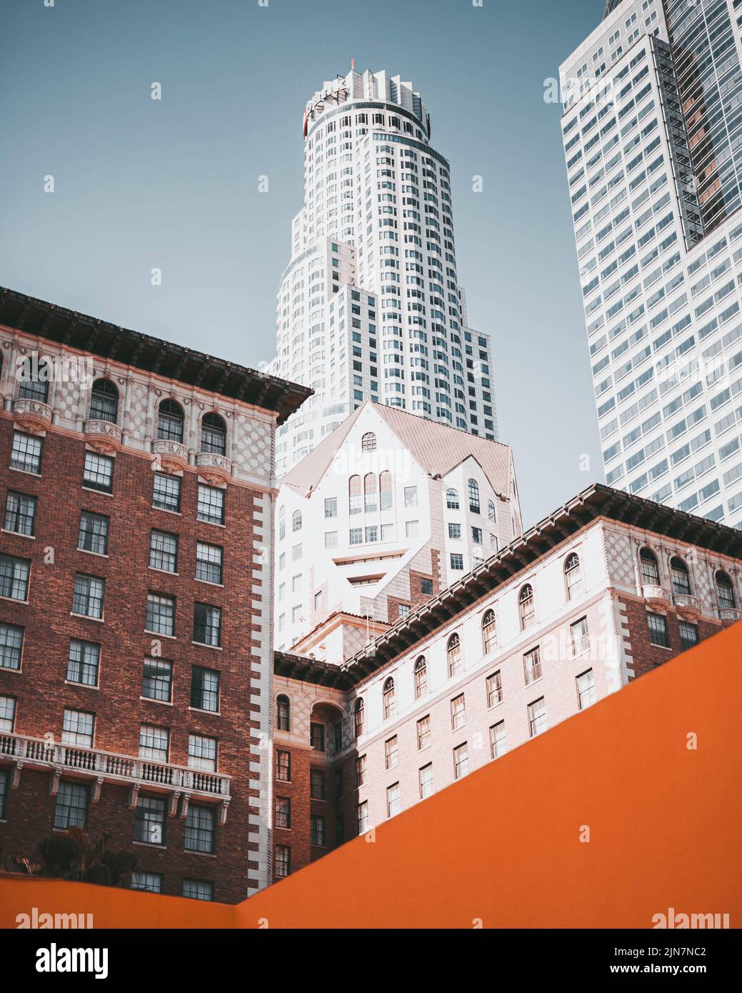 A low angle shot of high rise buildings at Downtown Los Angeles Stock ...