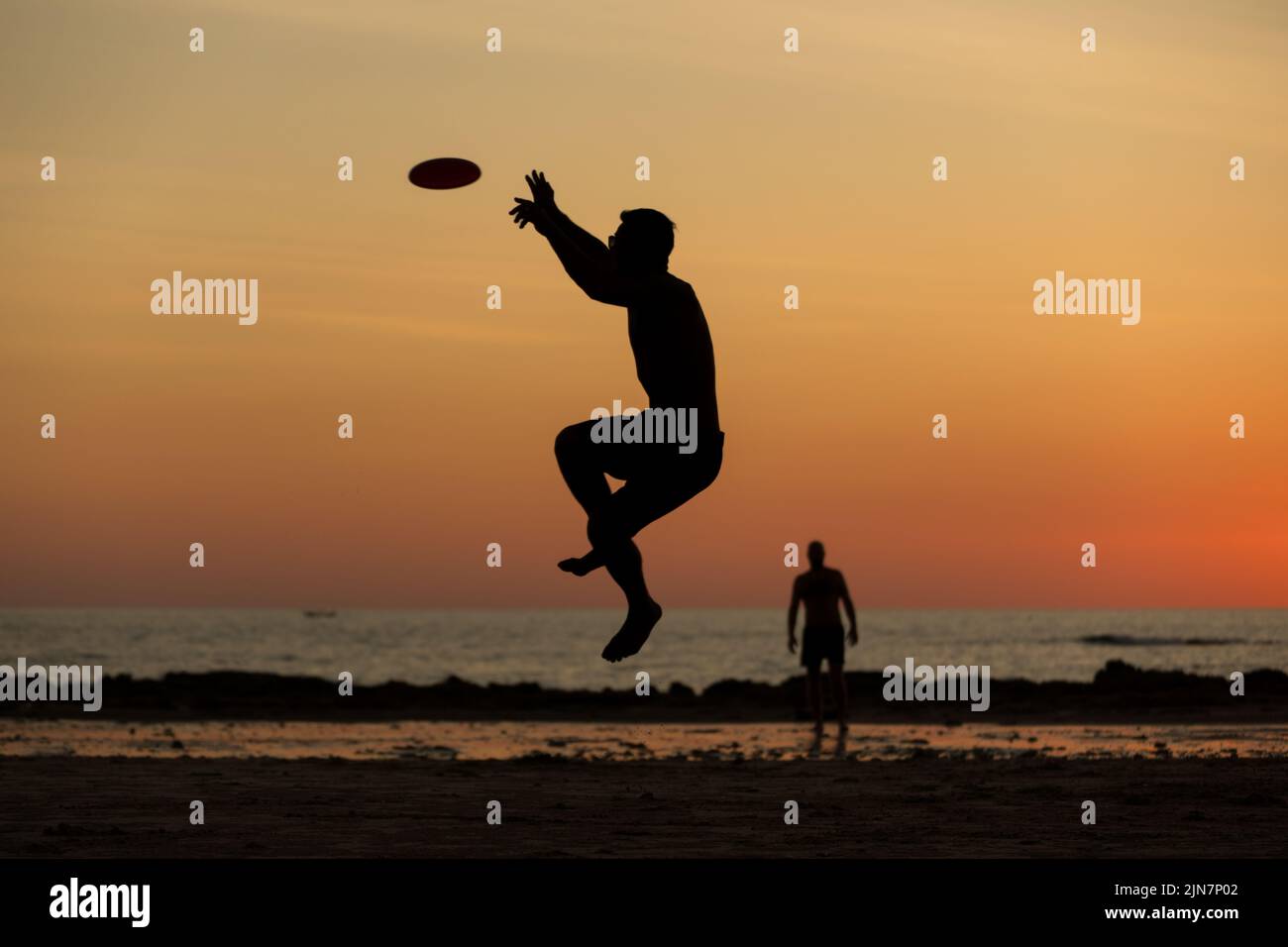 A man leaps to catch a frisbee as his friend looks on with a golden ...