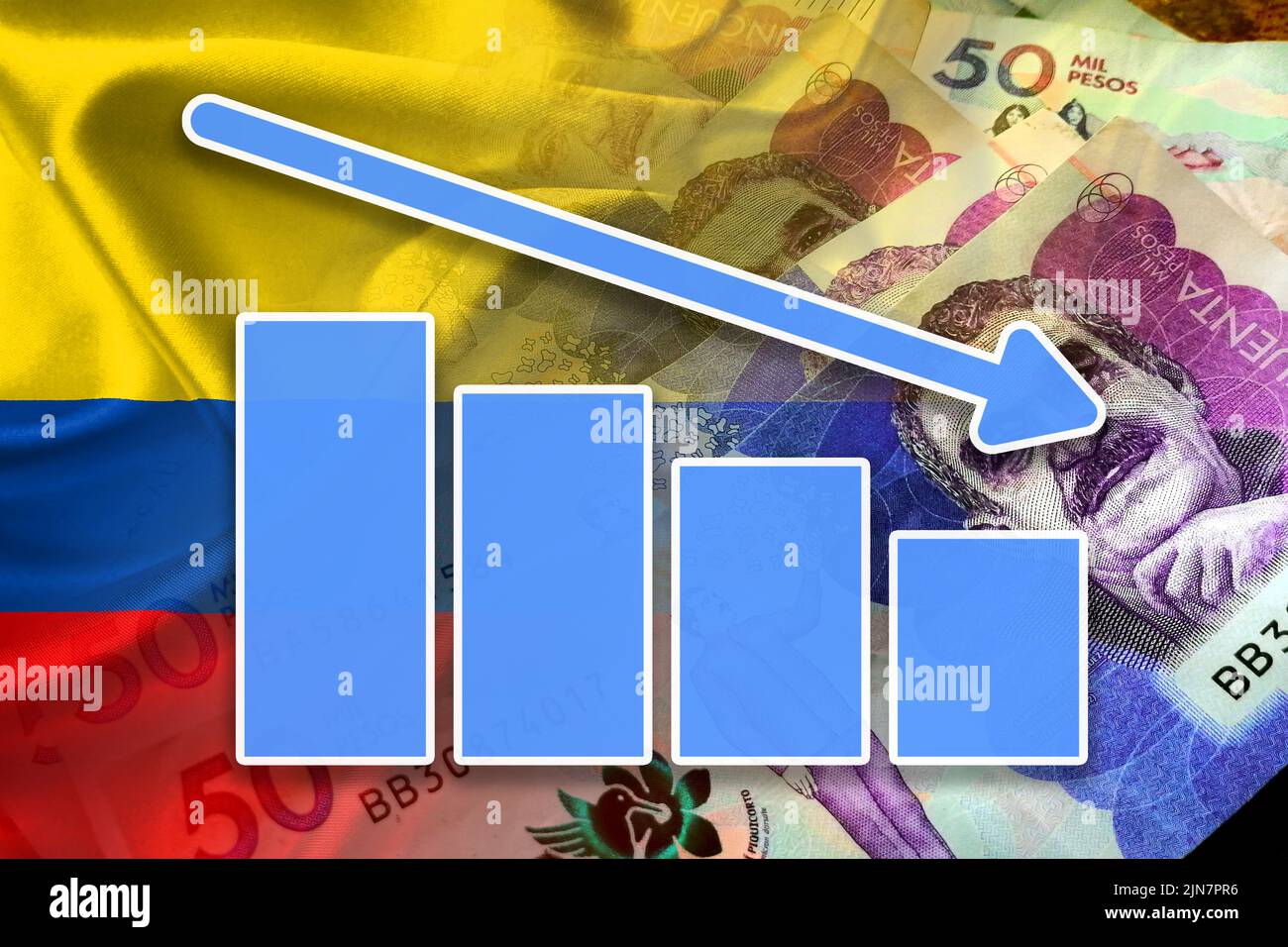 Economy Chart: Downward Arrow, Cash Colombian Pesos, and Colombia Flag ...