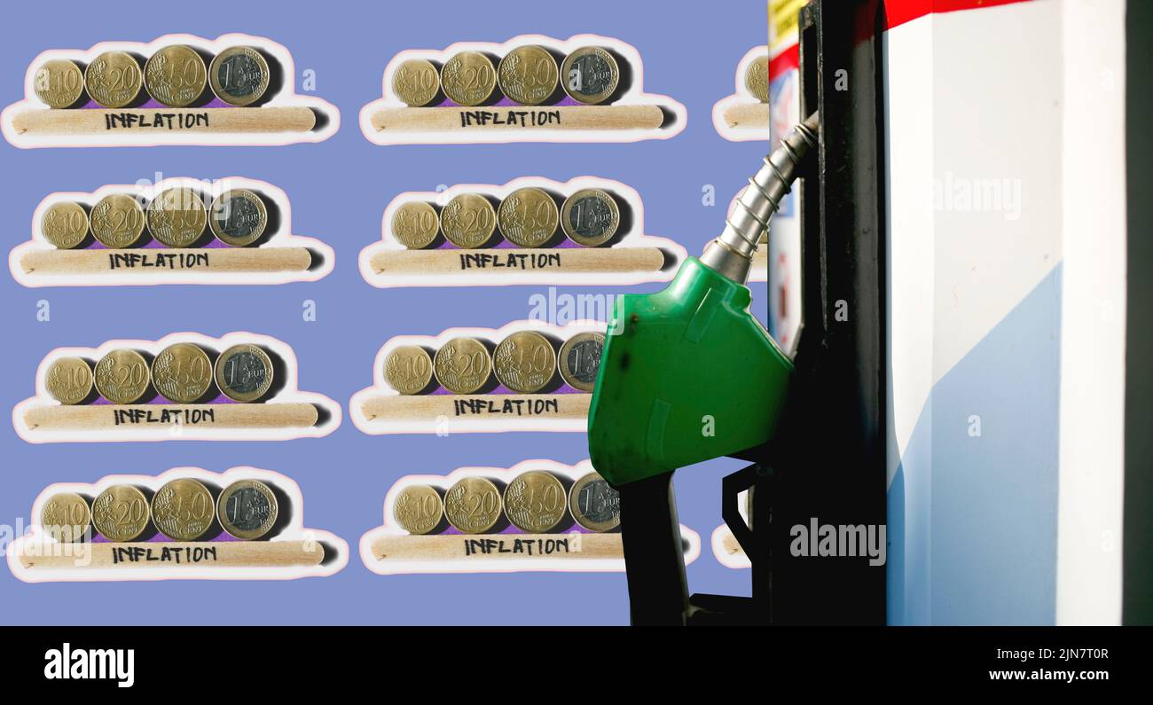 Close up of gasoline fuel nozzle in petrol station. Inflation and ...