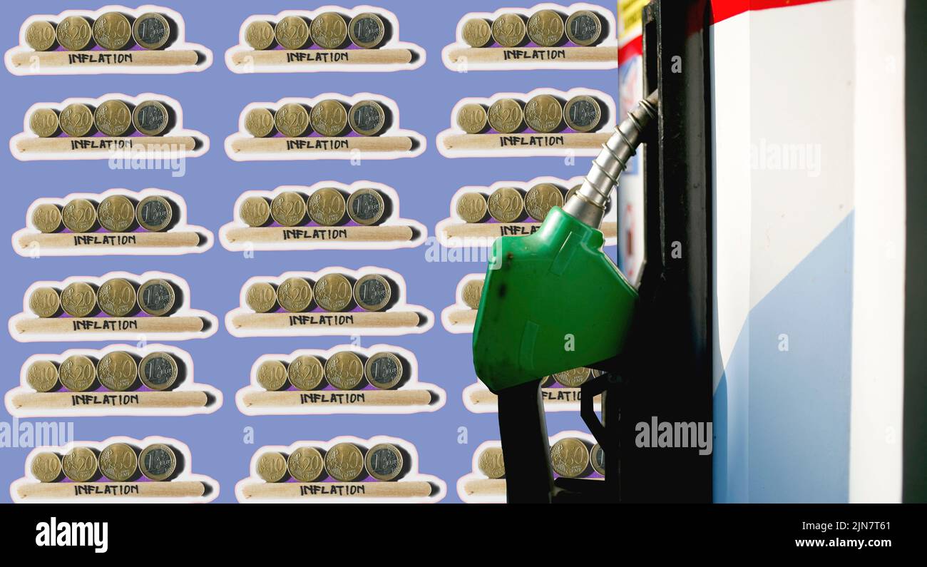 Close up of gasoline fuel nozzle in petrol station. Inflation and ...