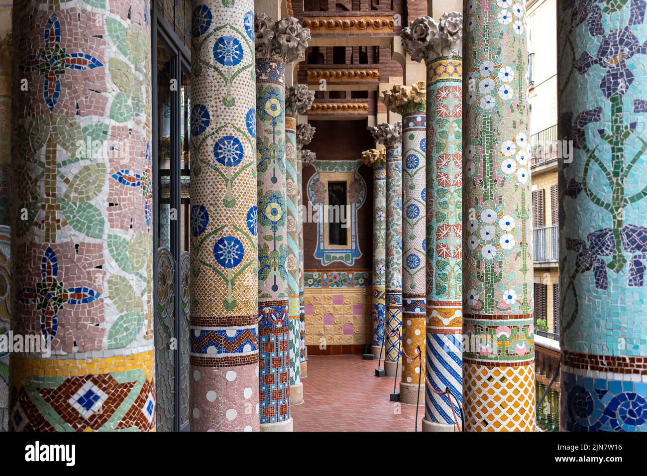 Barcelona, Spain - April 19 2022: Colorful columns with floral pattern ...