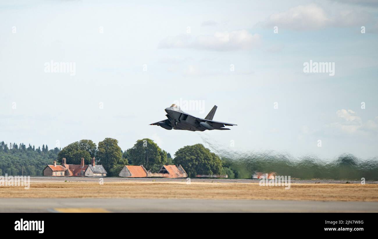 An F-22 Raptor assigned to the 90th Fighter Squadron, 3rd Wing ...