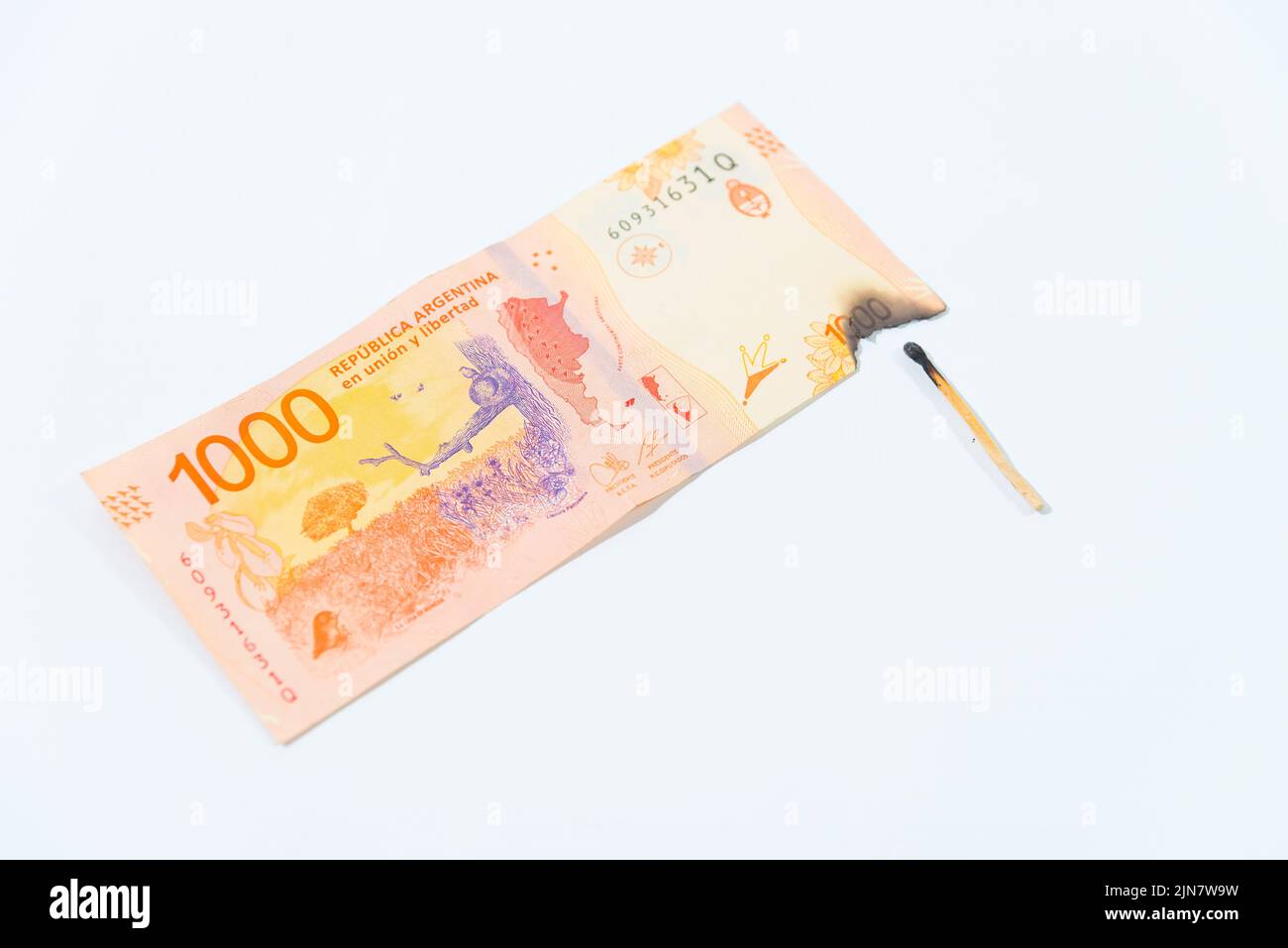 A burnt money with a burnt match next to it on isolated white ...