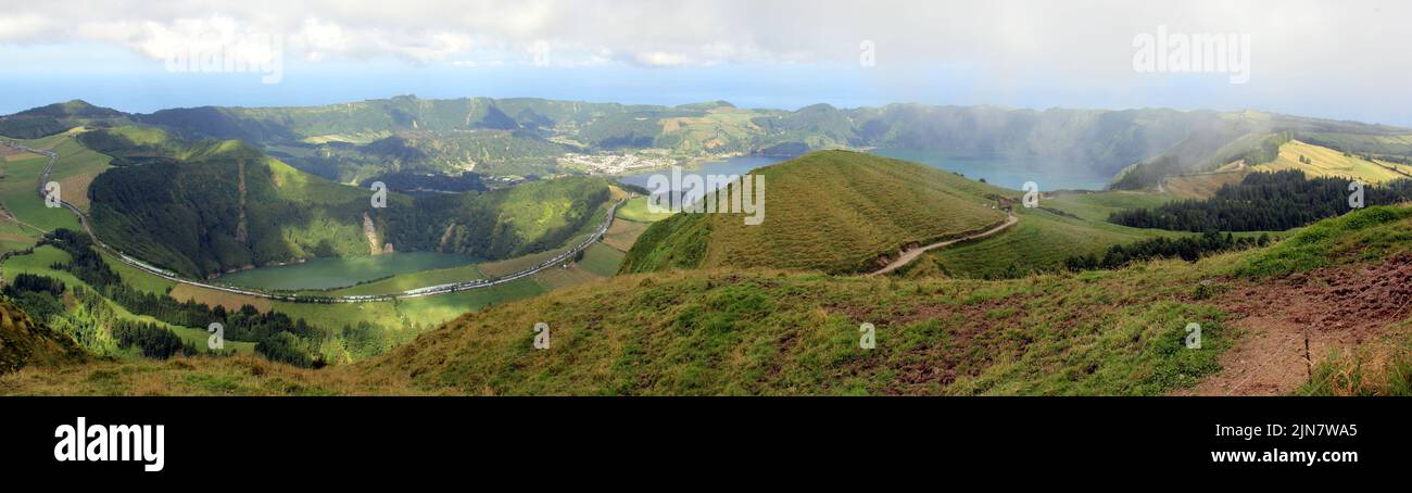 Sete Cidades, panoramic view of the volcanic craters massif from Pico ...