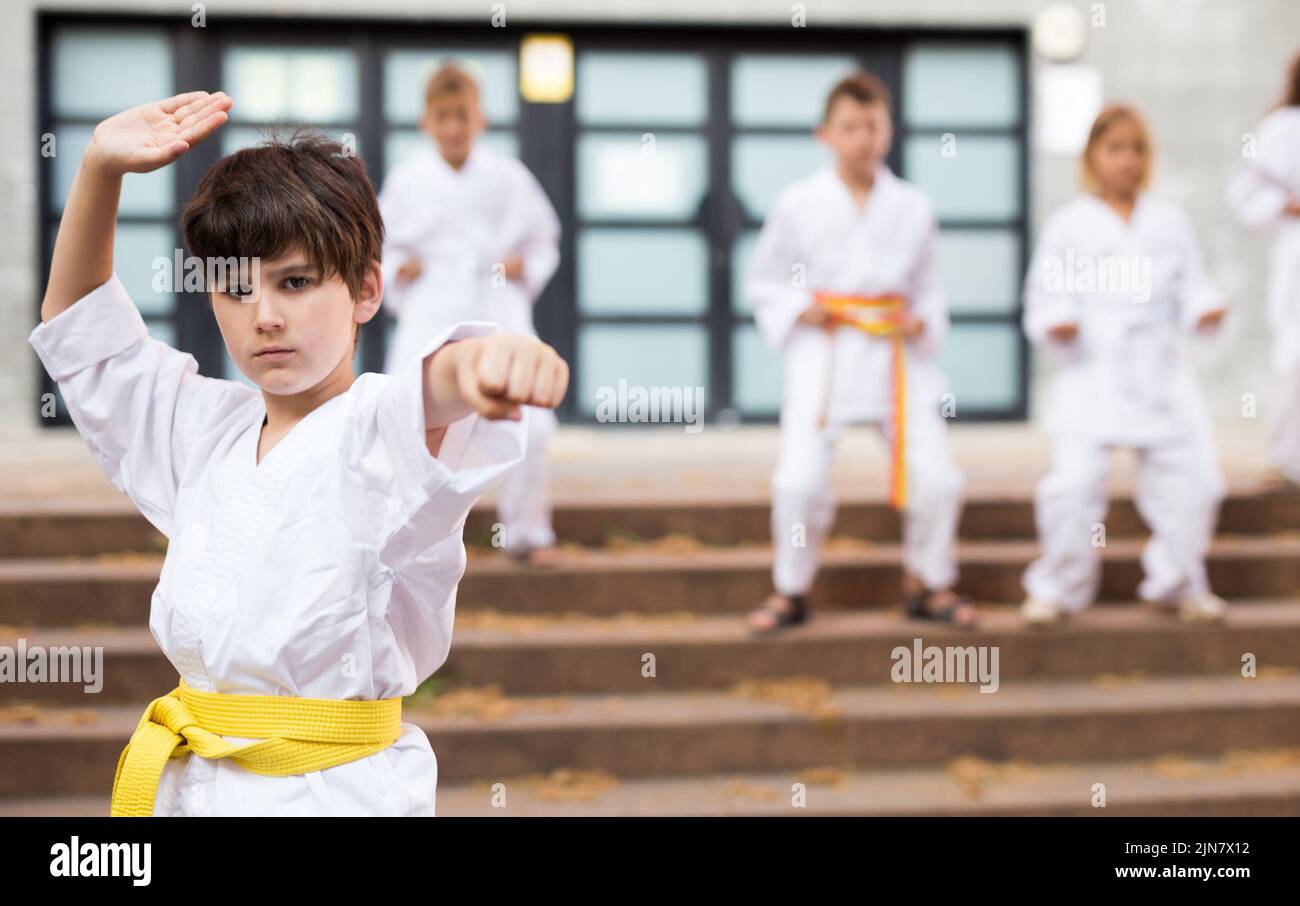 Preteen boy practicing karate during group class in schoolyard Stock ...