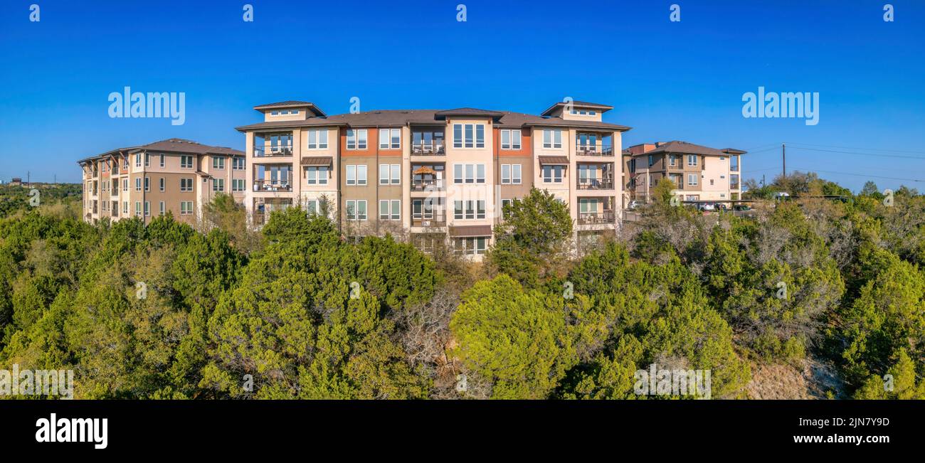 Austin, Texas- Facade of apartment building with balconies and picture ...