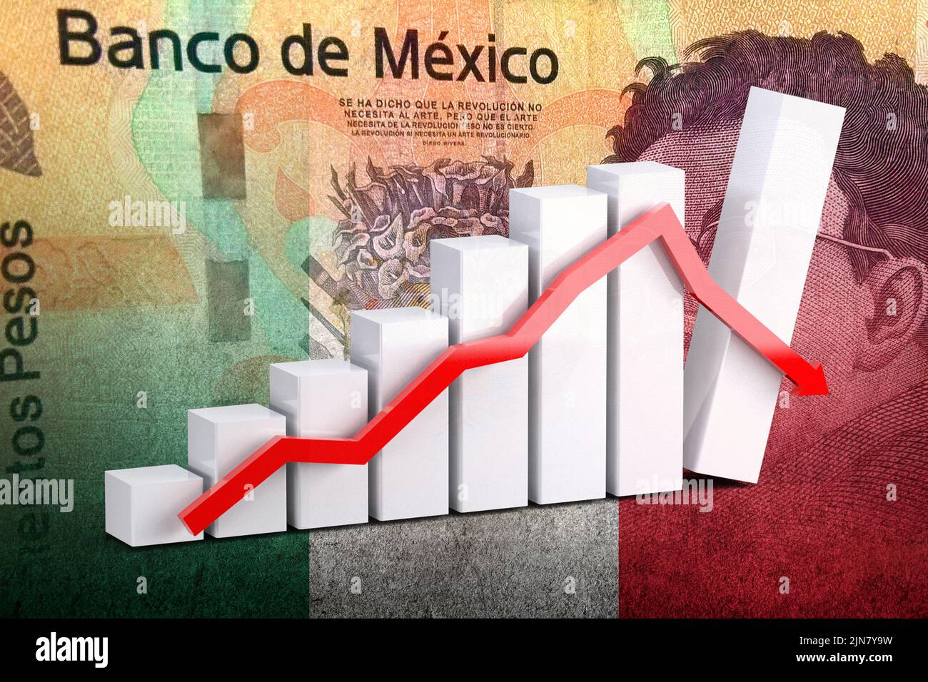 Economy Graph: Downward Arrow, Cash Mexican Pesos, and Mexico Flag ...