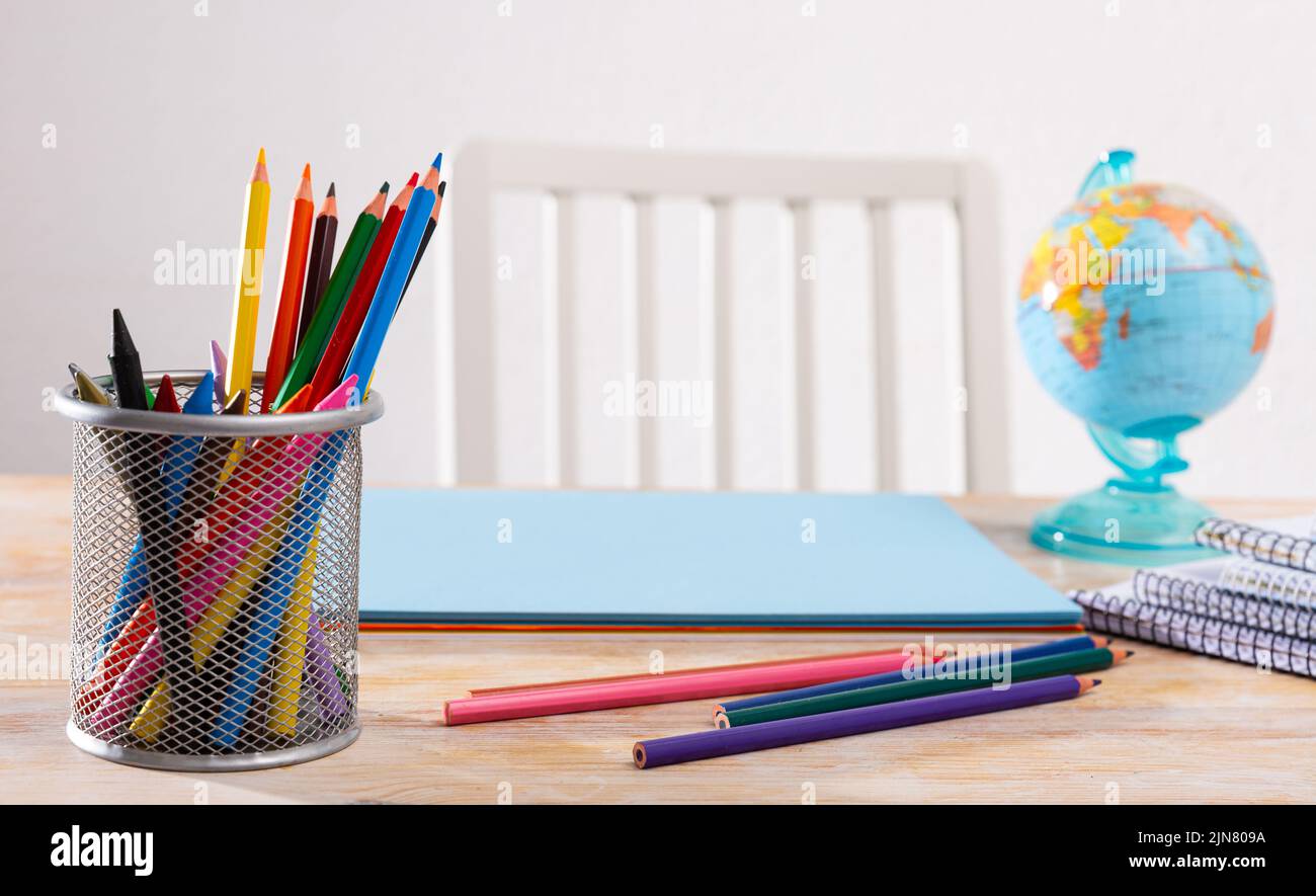 School stationery on desk Stock Photo - Alamy