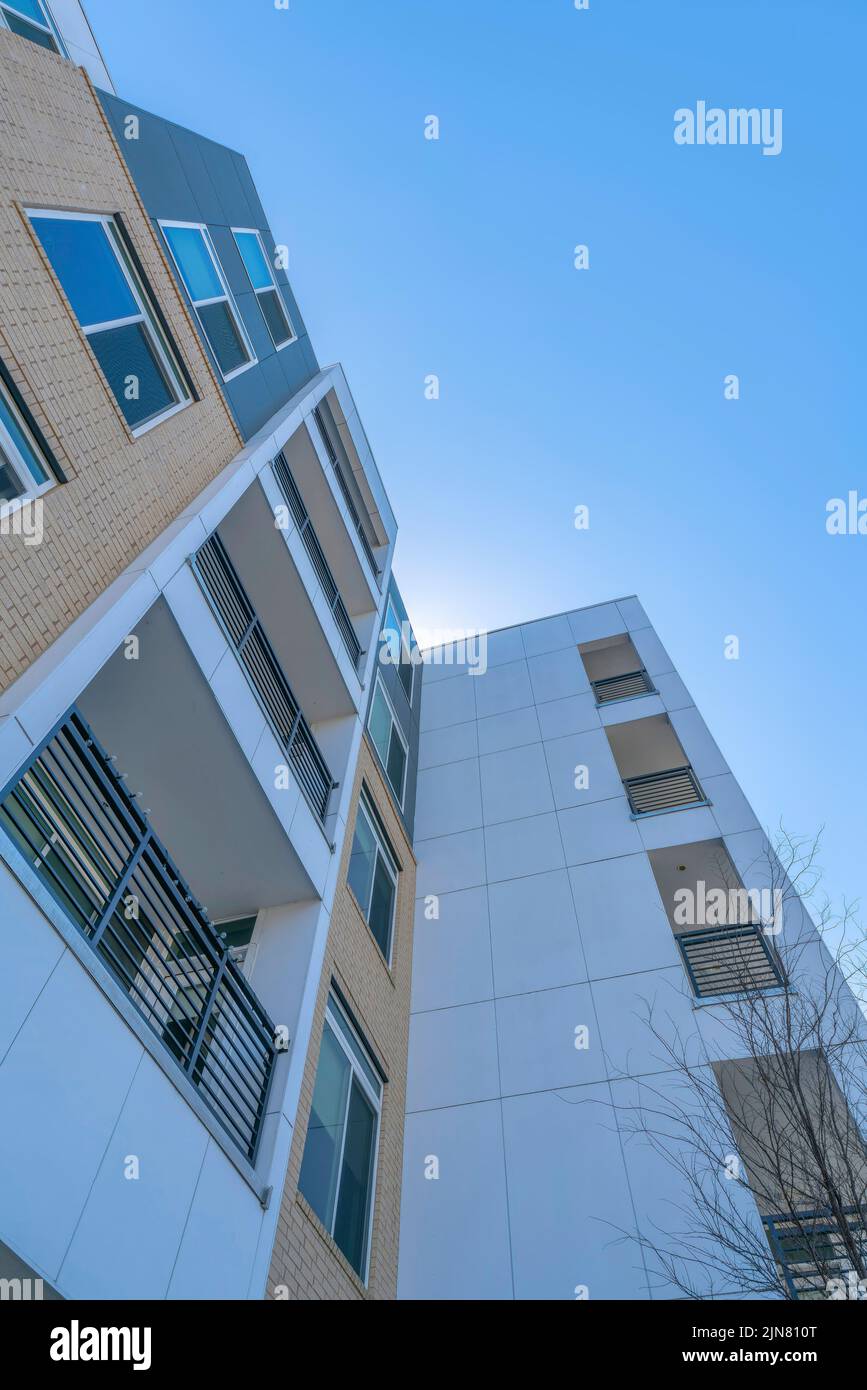 Low angle view of a building with bricks and balconies at San Antonio ...