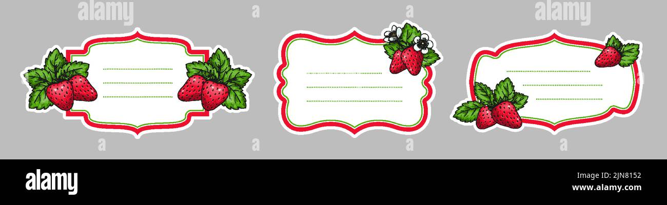 Strawberry retro labels with realistic handdrawn berries flowers leaves ...