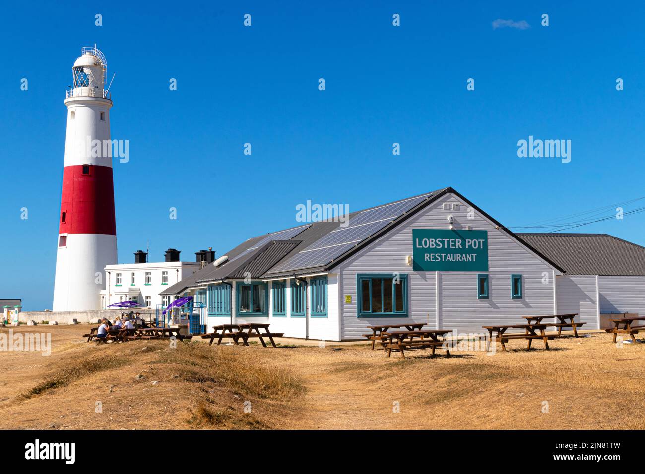 Red and white painted Portland Bill Lighthouse on the Isle of Portland ...