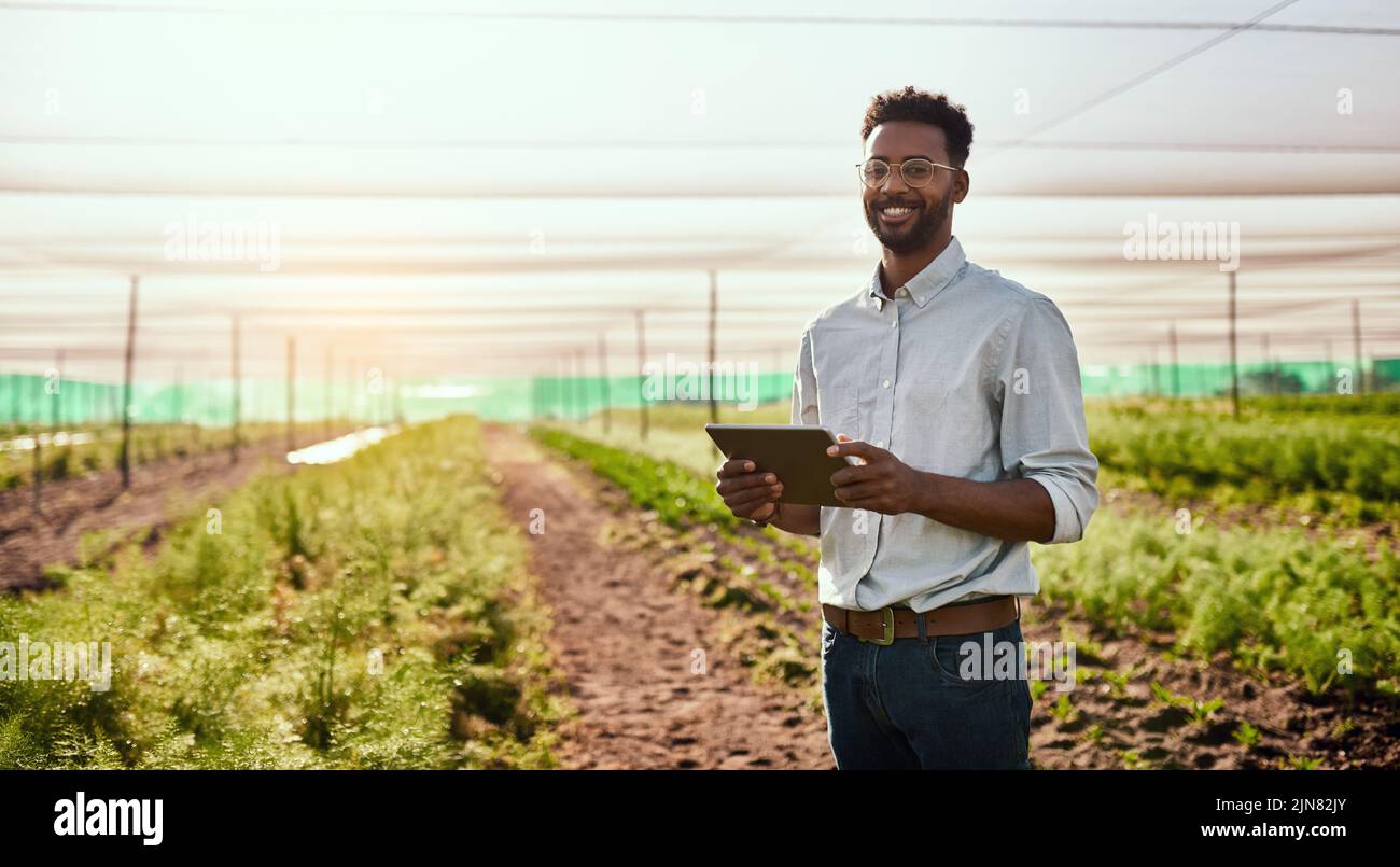 Modern farmer working on a tablet on a farm and checking plants growth ...