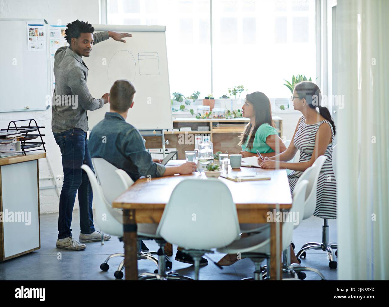 Creative businessman showing idea on a whiteboard during a business ...