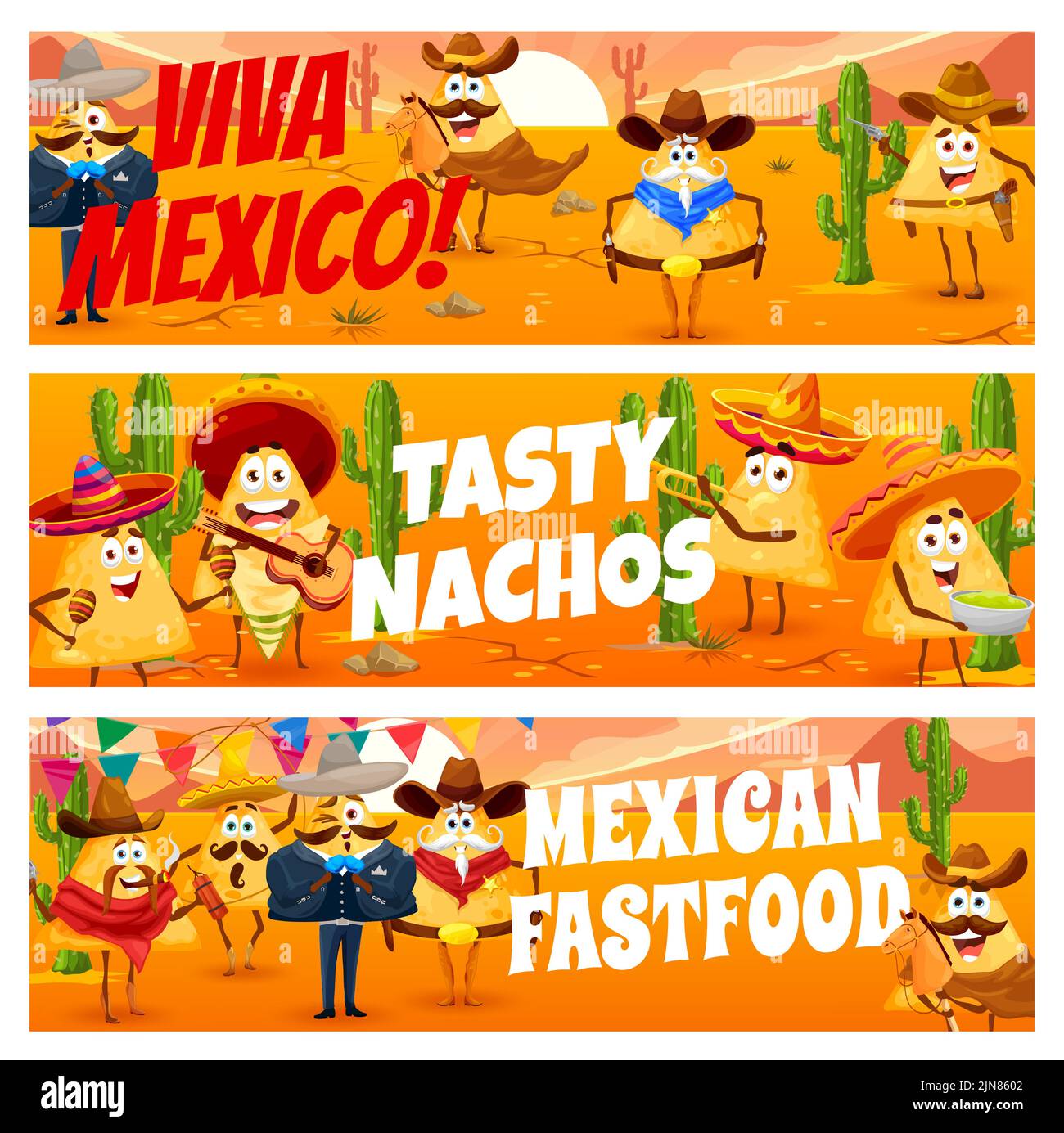 Mexican nachos chips as cowboy, bandit and sheriff characters, vector ...