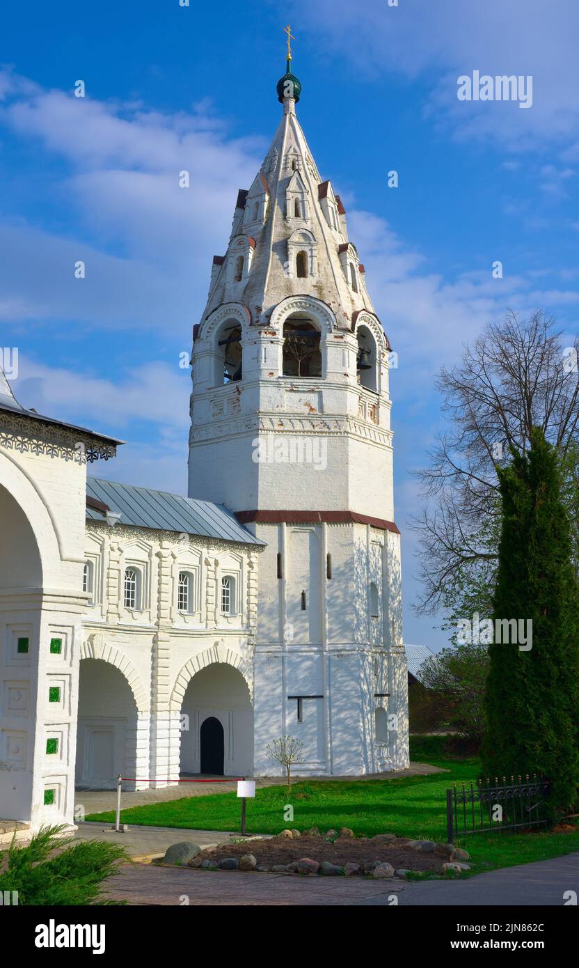 The white Stone Pokrovsky Convent. Tent bell tower, a monument of ...